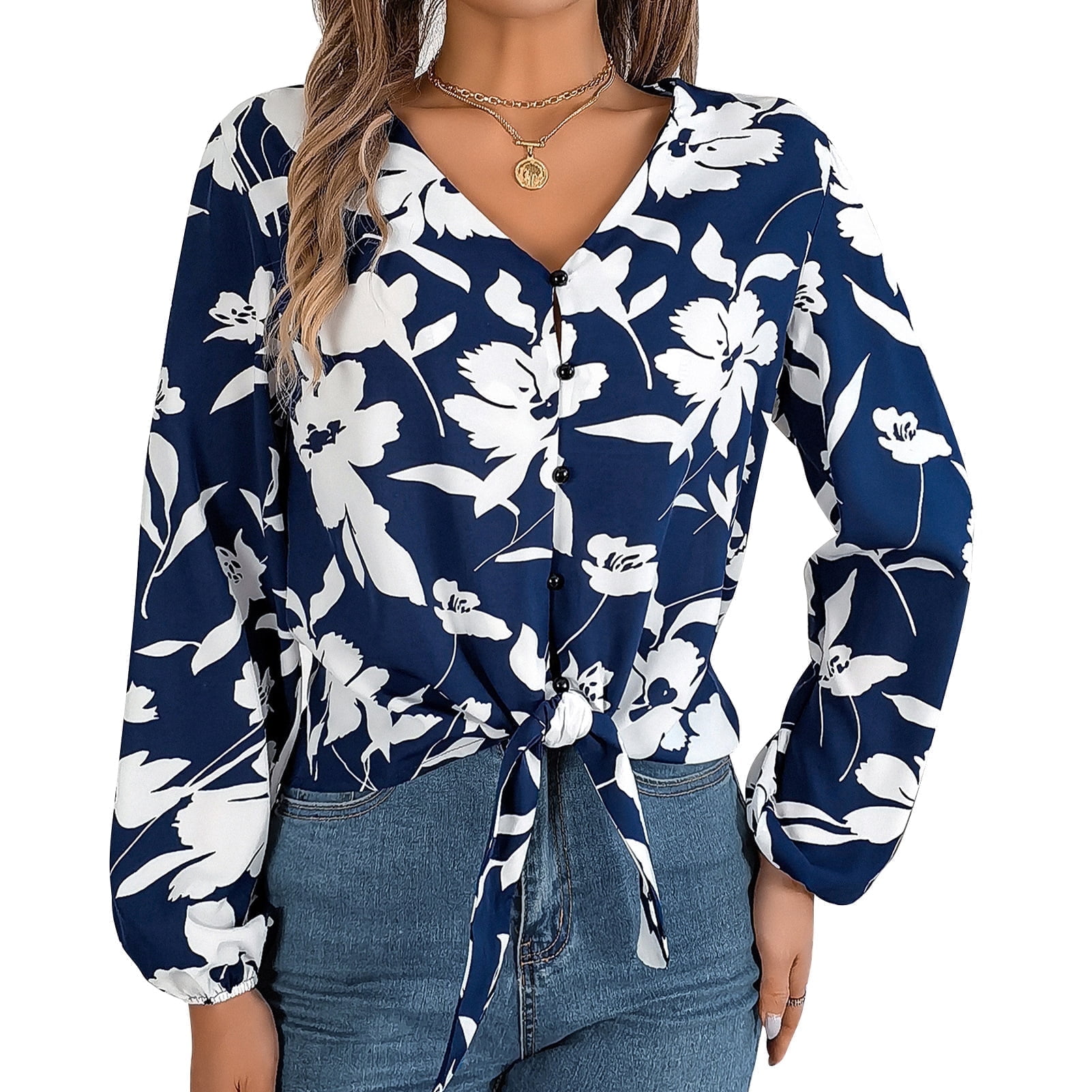 OBEEII Floral Blouse for Women Long Sleeve V Neck T Shirts Button Tie ...