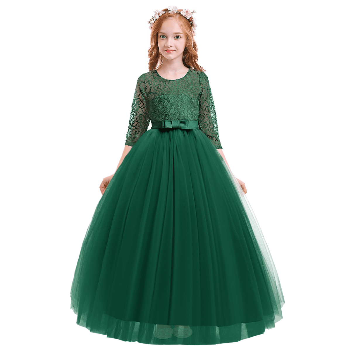 OBEEII Kids Girls Formal Party Dress 3/4 Sleeve Full Length Princess ...