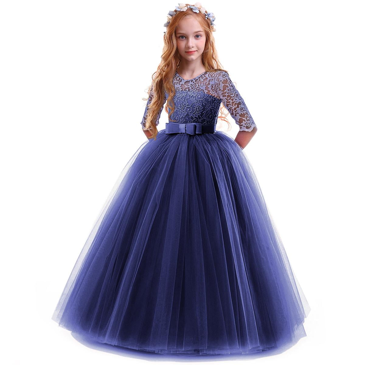 OBEEII Kids Girls Formal Party Dress 3/4 Sleeve Full Length Princess ...