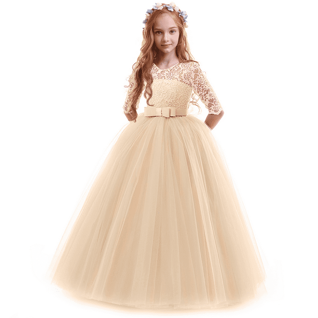 OBEEII Kids Girls Formal Party Dress 3/4 Sleeve Full Length Princess ...