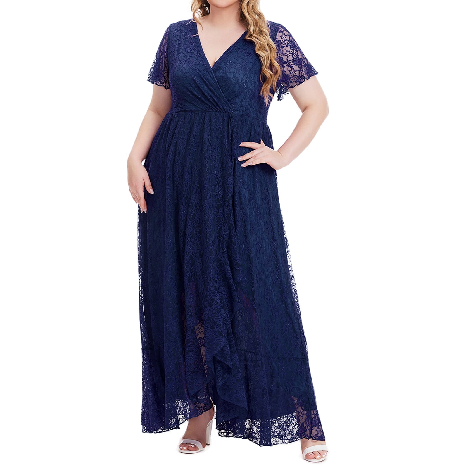 OBEEII Plus Size Dresses for Womens V Neck Ruffle Long Maxi Dresses ...