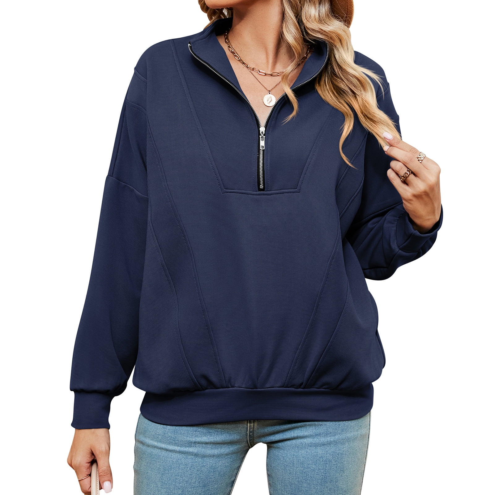 OBEEII Sweatshirts for Women Stand Collar Zip Up Tunic Tops Oversize ...