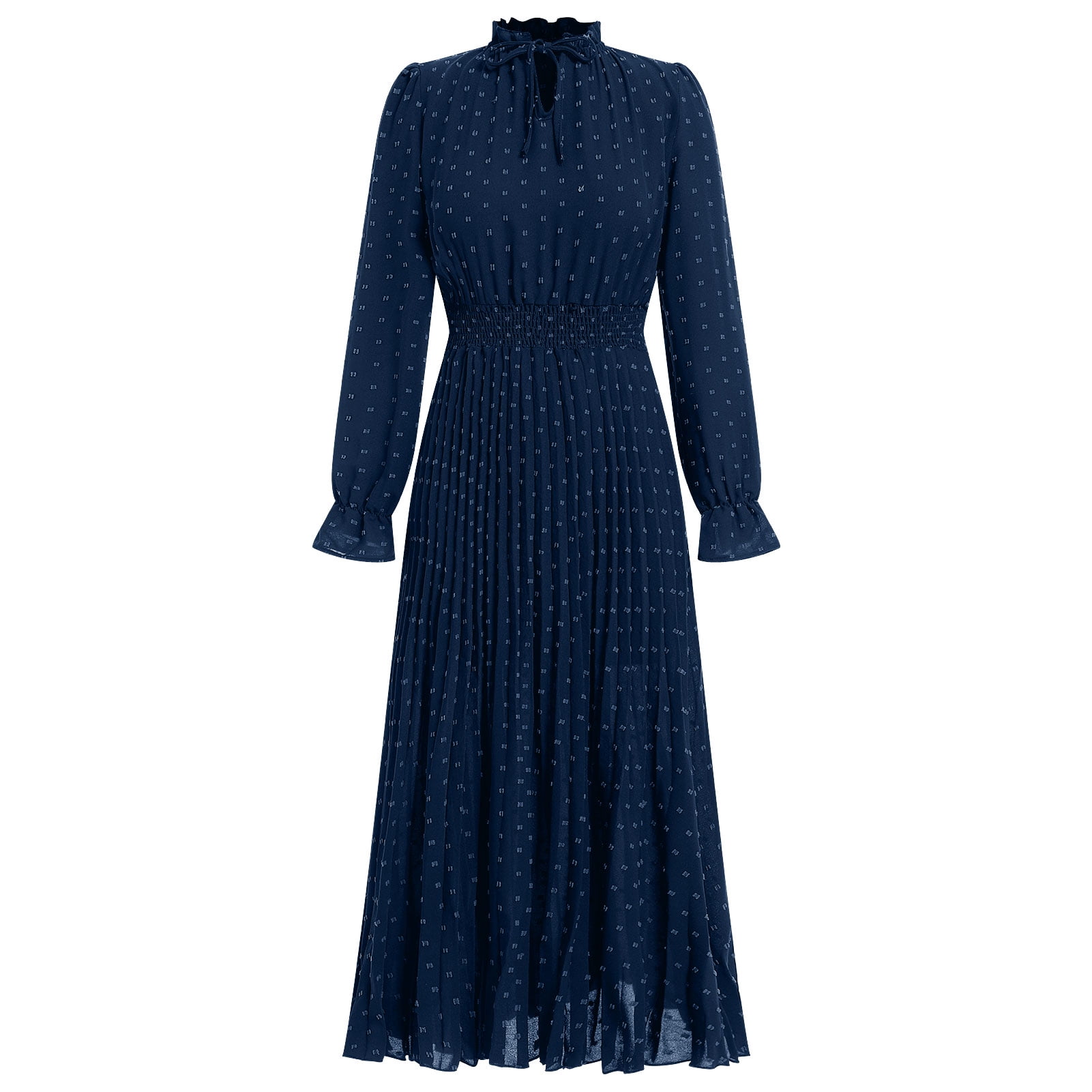 OBEEII Swiss Dot Dresses for Womens Tie Neck Long Sleeve Ruffle Hem ...