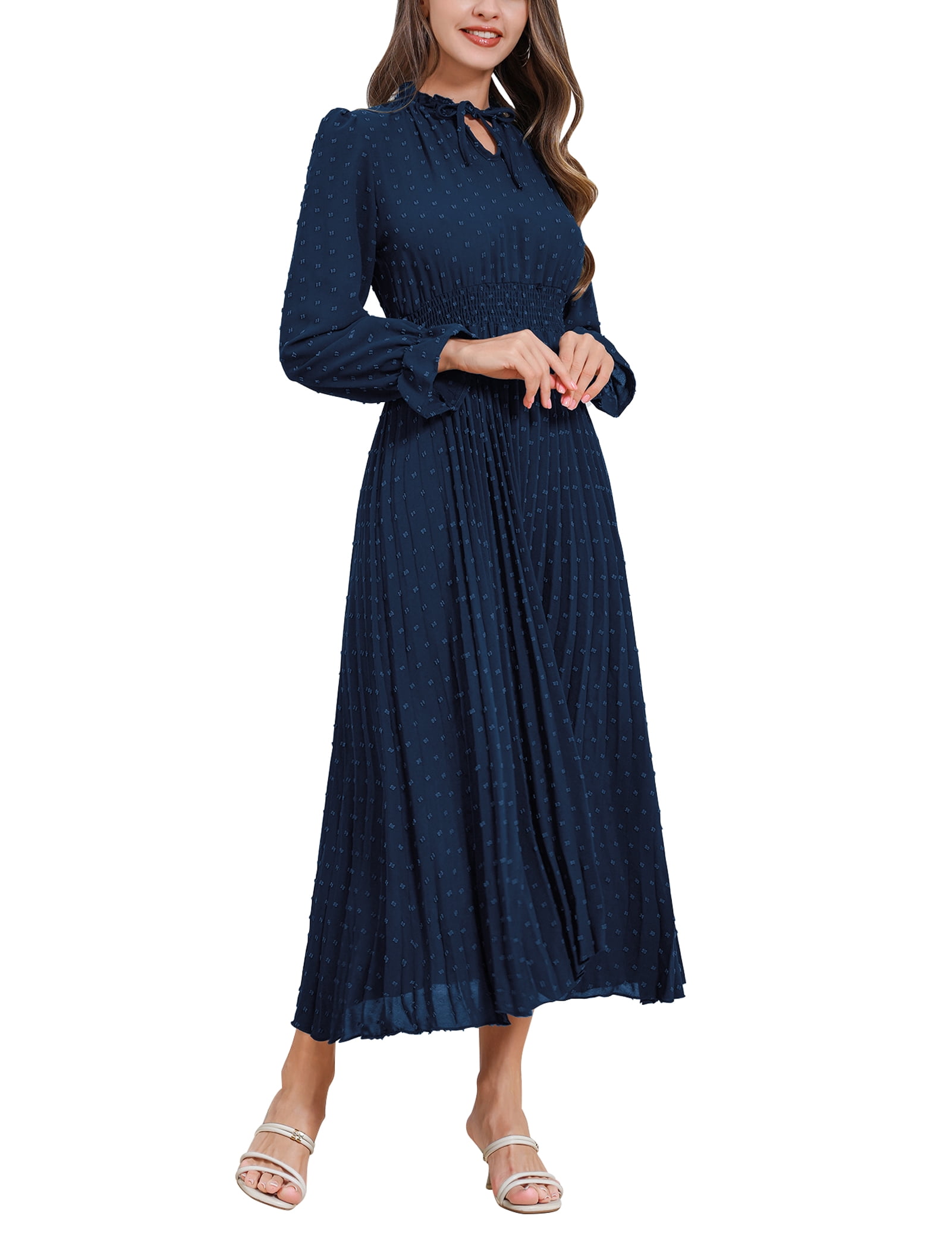 OBEEII Swiss Dot Dress for Women Tie Neck Long Sleeve Ruffle Hem Maxi ...
