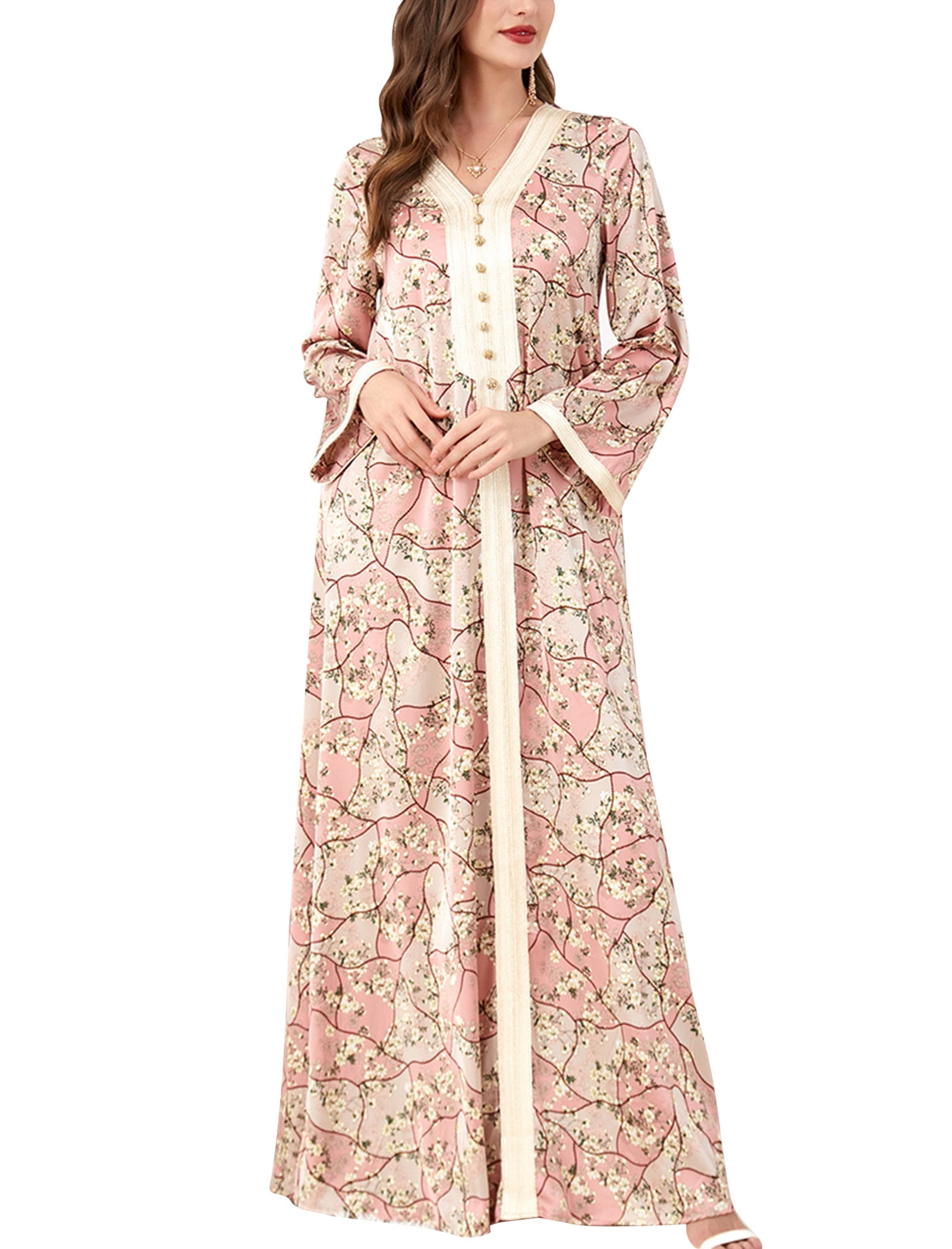 OBEEII Women Muslim Dress Floral Long Sleeve Maxi Dresses V Neck kaftan ...