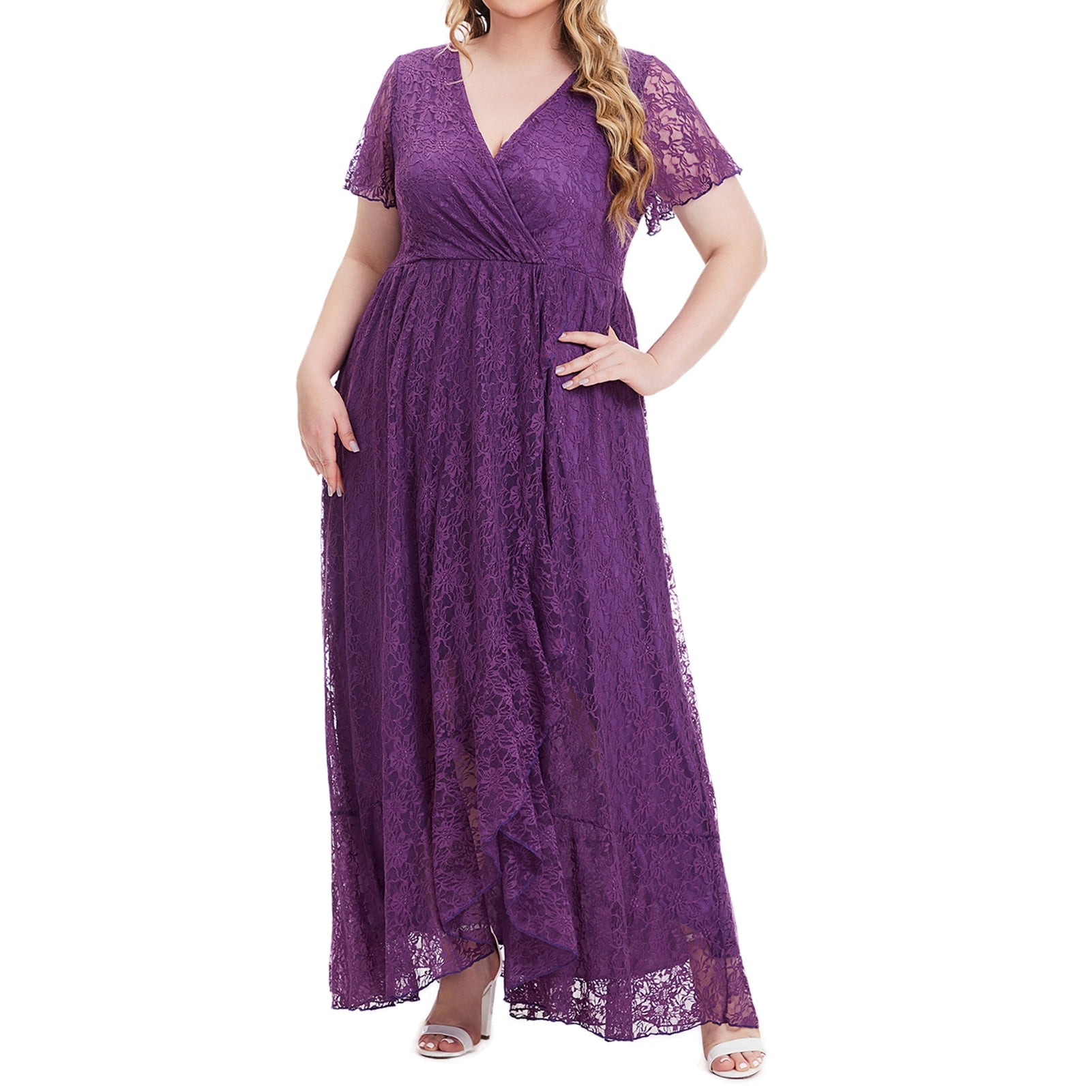 OBEEII Womens Plus Size Lace Dresses V Neck Ruffle Long Maxi Dress ...