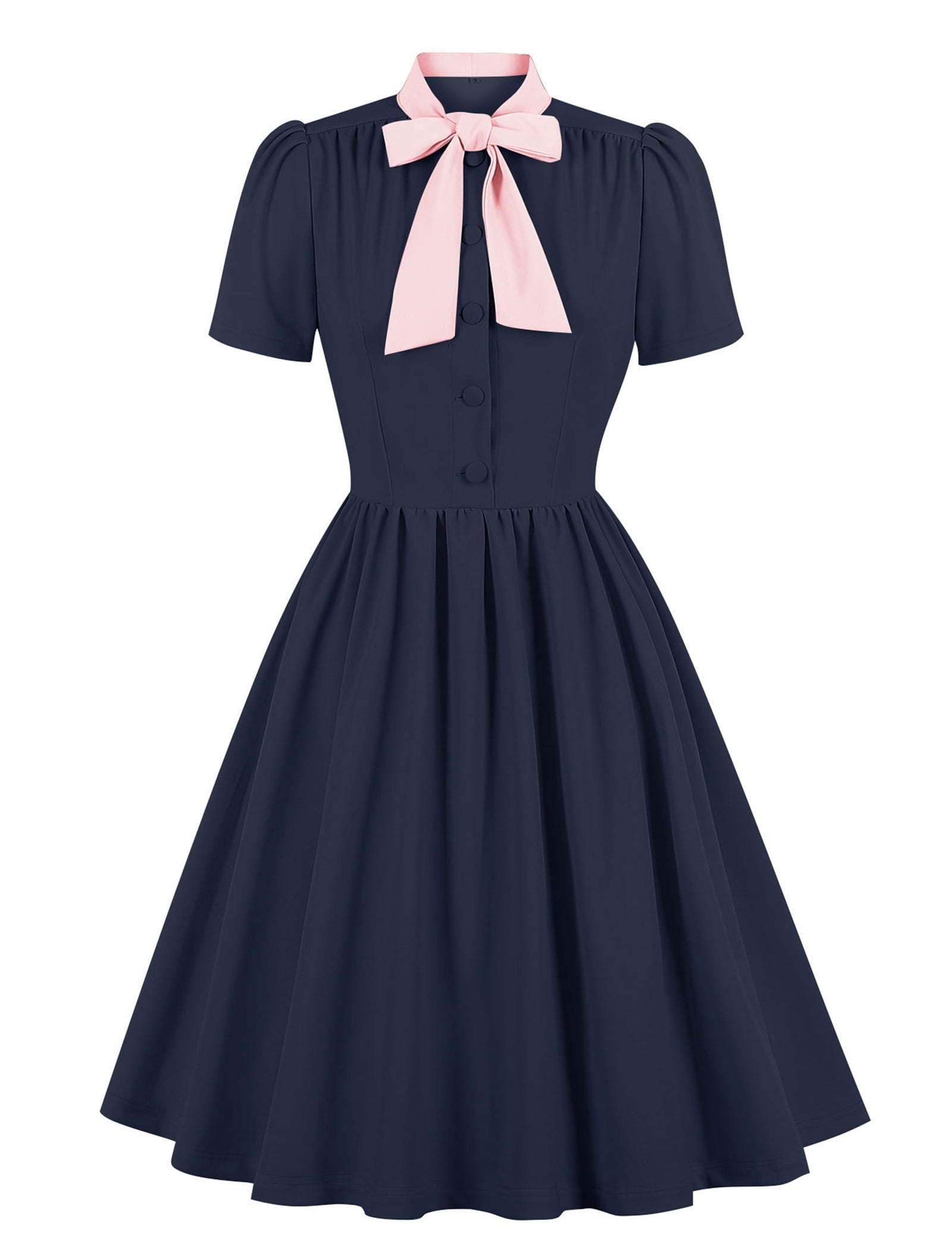 OBEEII Womens Retro Dress 50s Style Tie Neck Pinup Dress Short Sleeve ...