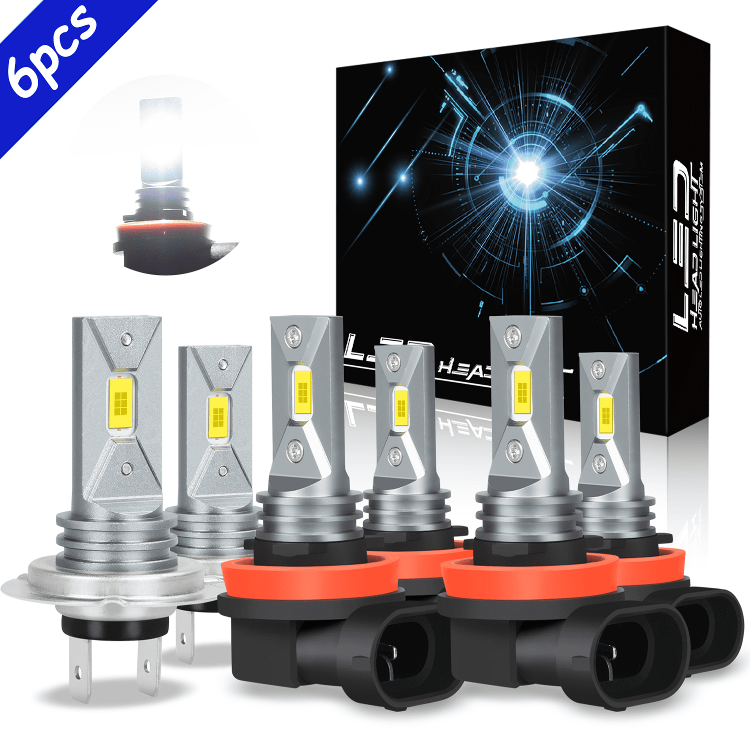 OBNDVU 6-Packs H7+H11+H11 LED Headlight Bulbs High/Low Beam Fog Light ...