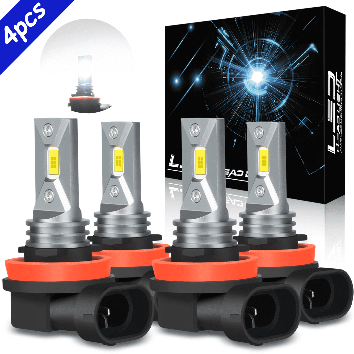 OBNDVU Combo H9 H11 LED Headlight Bulbs Kit High Low Beam 6000K White ...