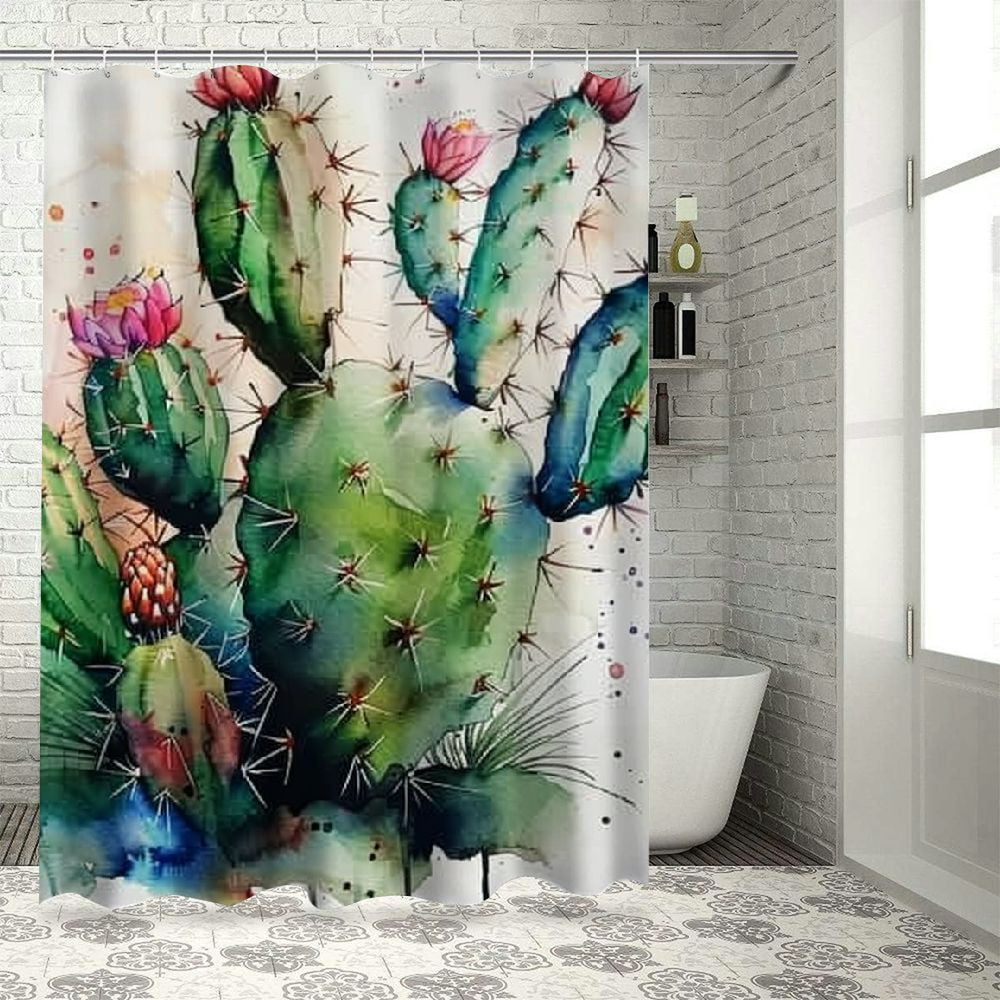 Obrewy Shower Curtain Cactus Succulent Boho Desert Plant Watercolor