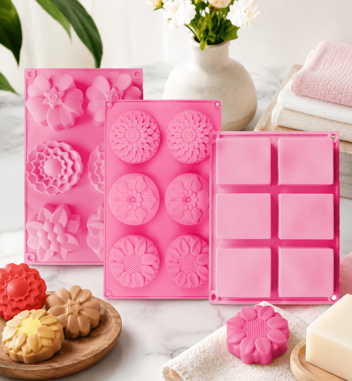 OBSGUMU 3 Pack Silicone Soap Molds, 6 Cavities Flower Soap Mold ...