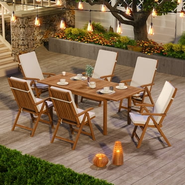 5 Piece Patio Dining Set, Outdoor Acacia Wood Furniture Set, Extendable ...