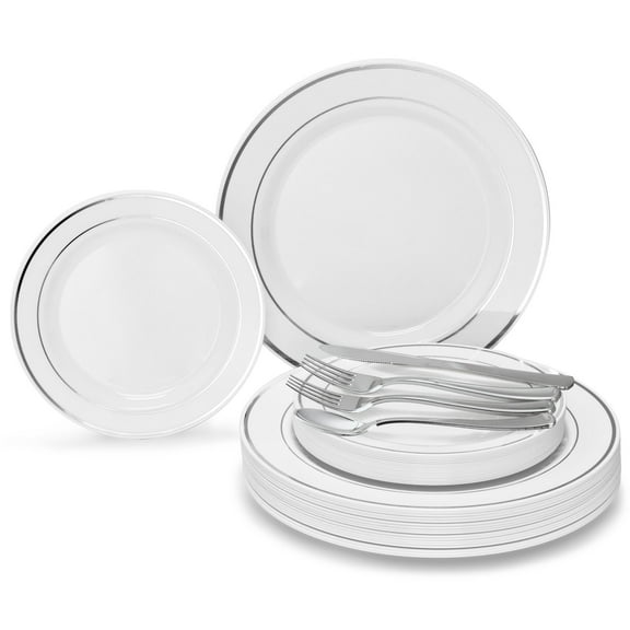 Glownary Square Plastic Plates, 6 Inch White with Silver Band ...