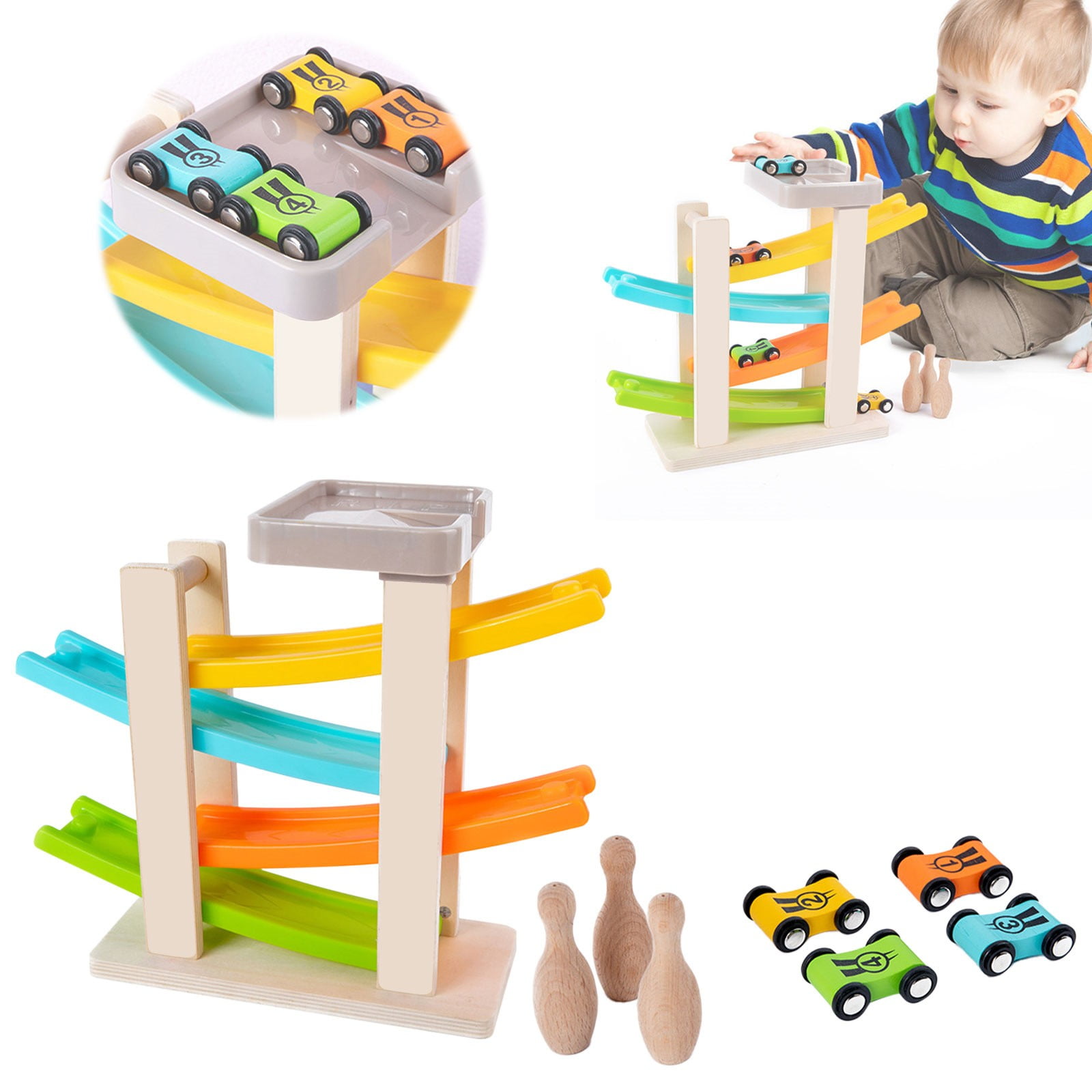 OCCOKO Bowling Slide Car Ramp Fun Wooden 4 Layer Parking Garage For ...