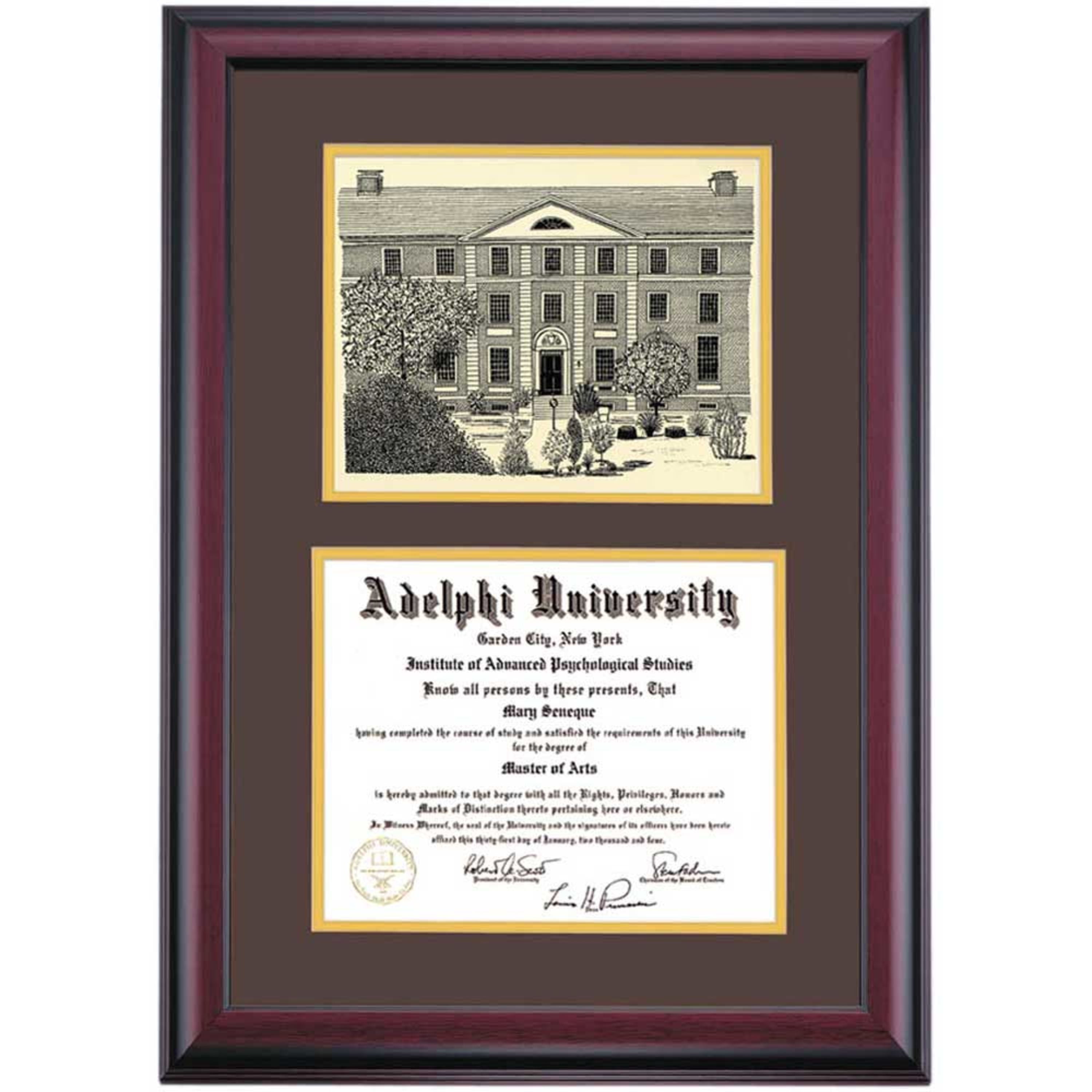 OCM Diploma Frame for Adelphi University, Ivory/Maroon Mat with ...