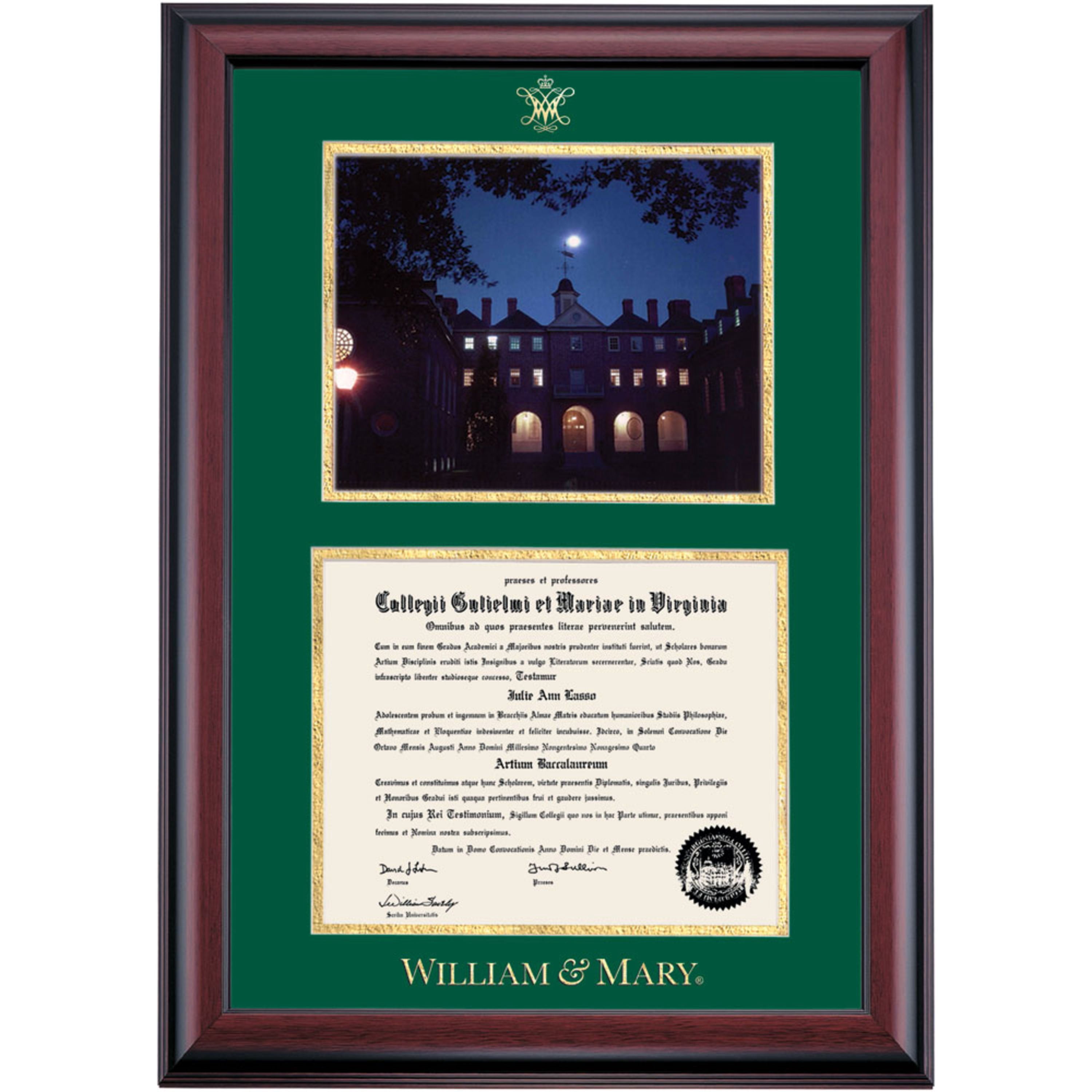 OCM Diploma Frame for College of William & Mary, Hunter Green/Gold Mat ...