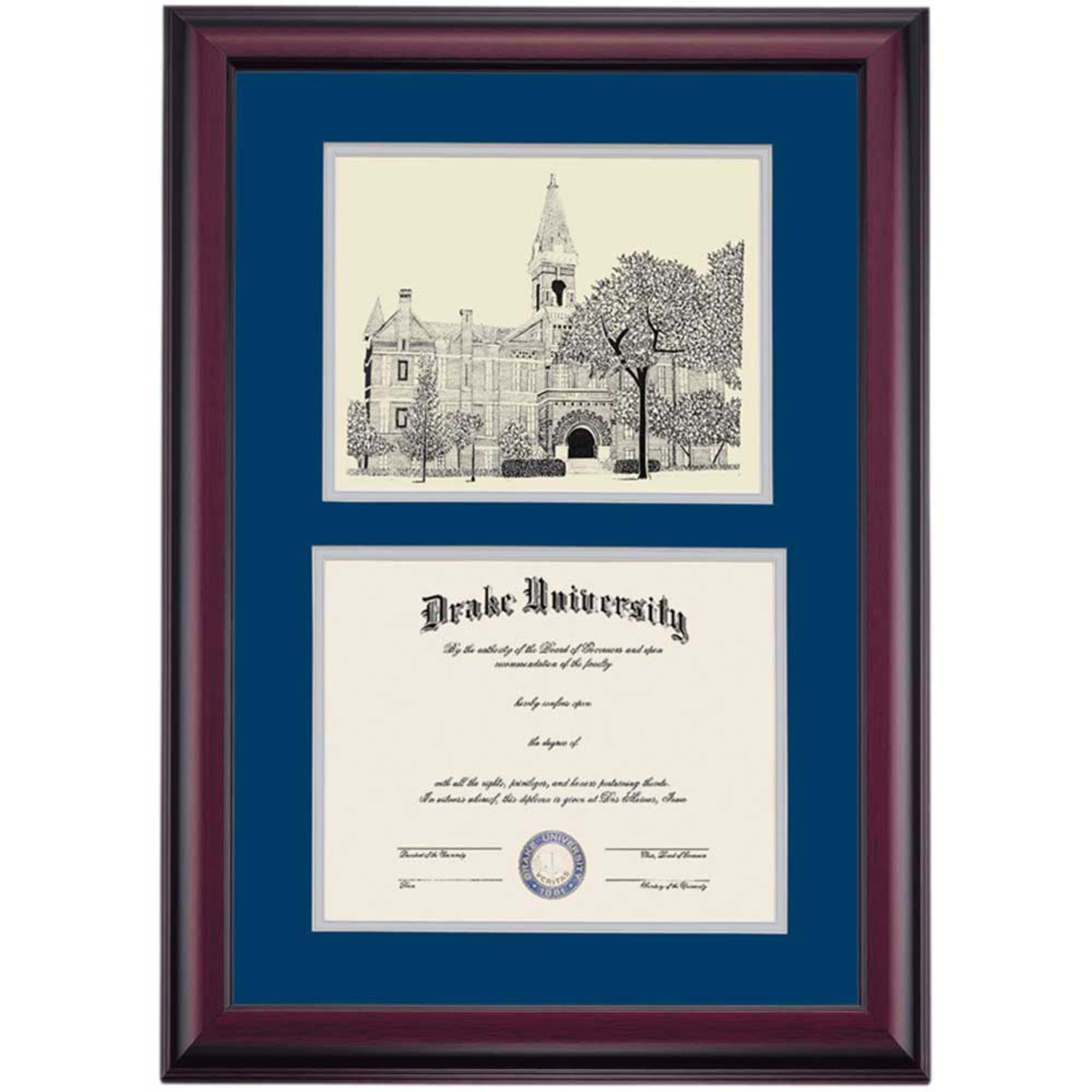 OCM Diploma Frame for Drake University, Navy/Gray Mat with Old Main Pen ...
