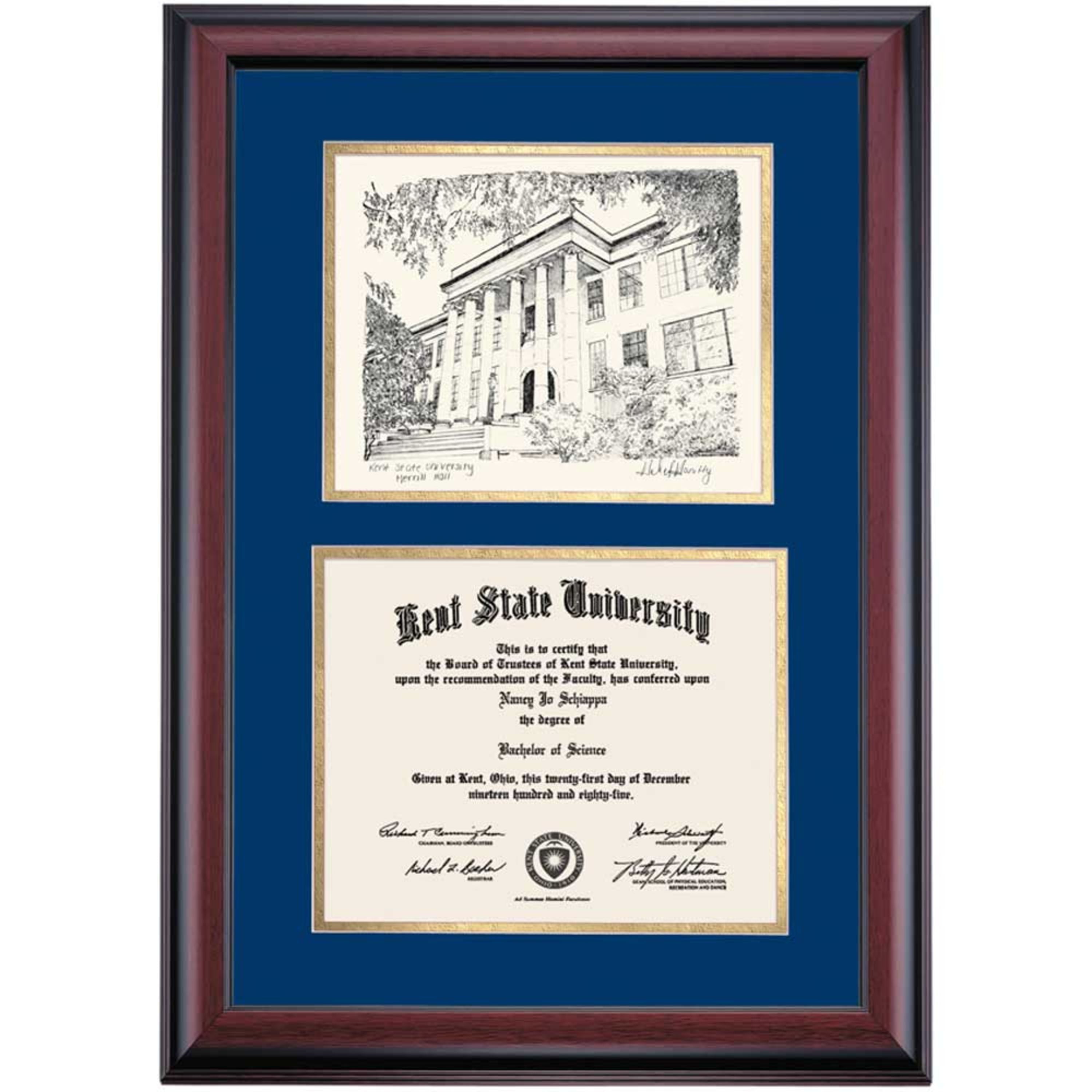 OCM Diploma Frame for Kent State KSU, Navy/Gold Mat with Merrill Hall ...
