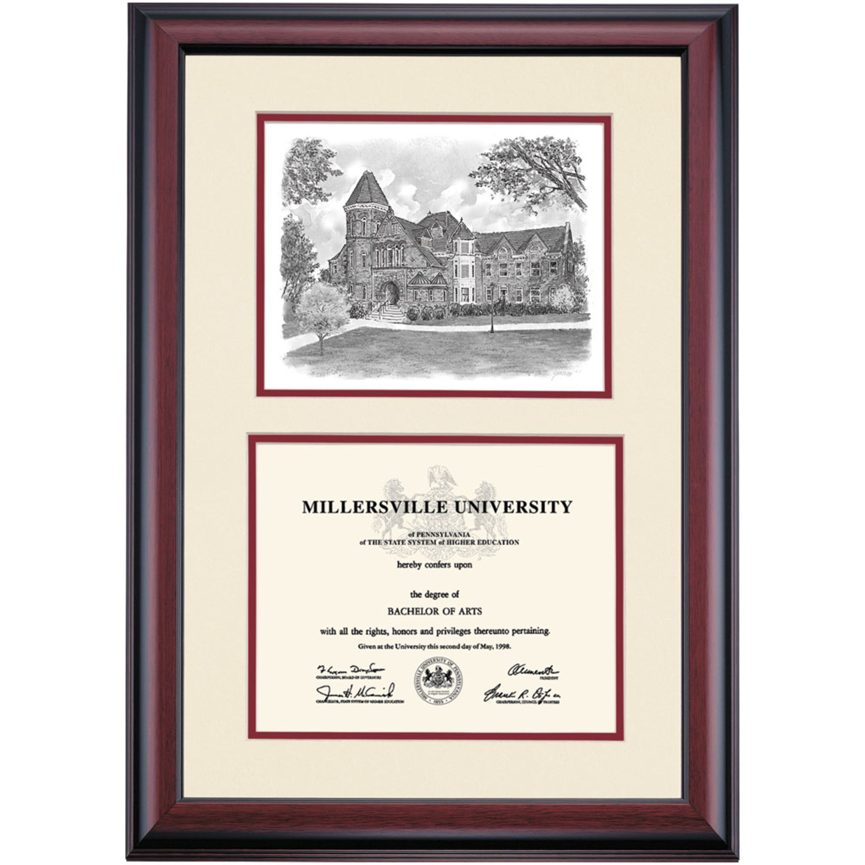 OCM Diploma Frame for Millersville University, Ivory/Maroon Mat with ...