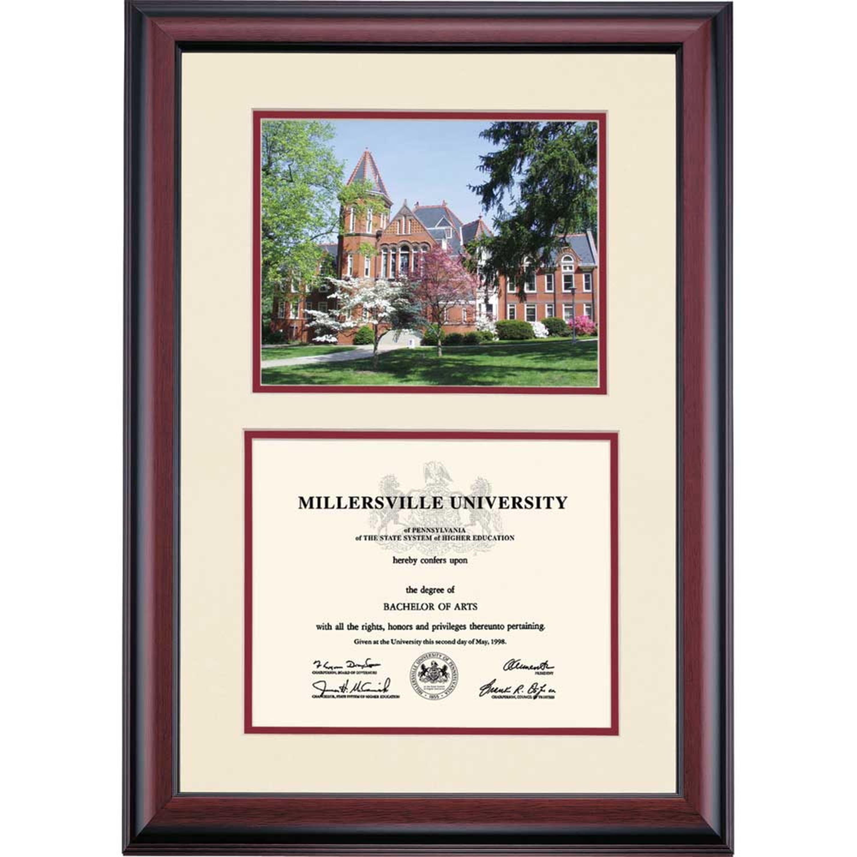 OCM Diploma Frame for Millersville University, Ivory/Maroon Mat with ...