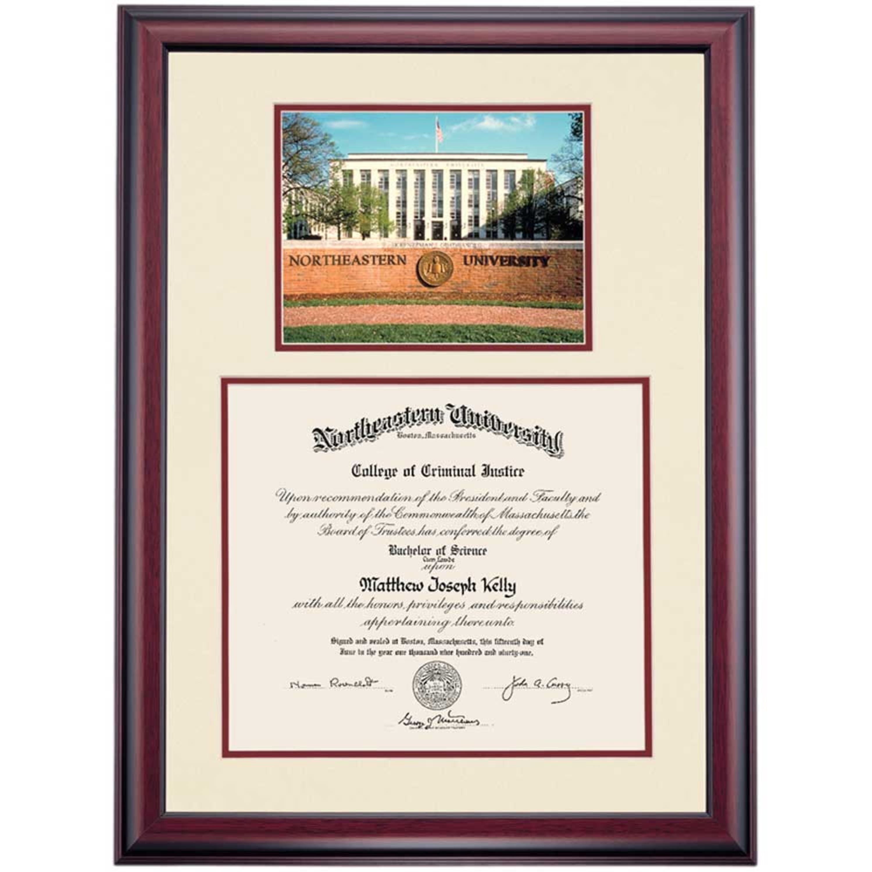 OCM Diploma Frame for Northeastern University NU, Ivory/Maroon Mat with ...