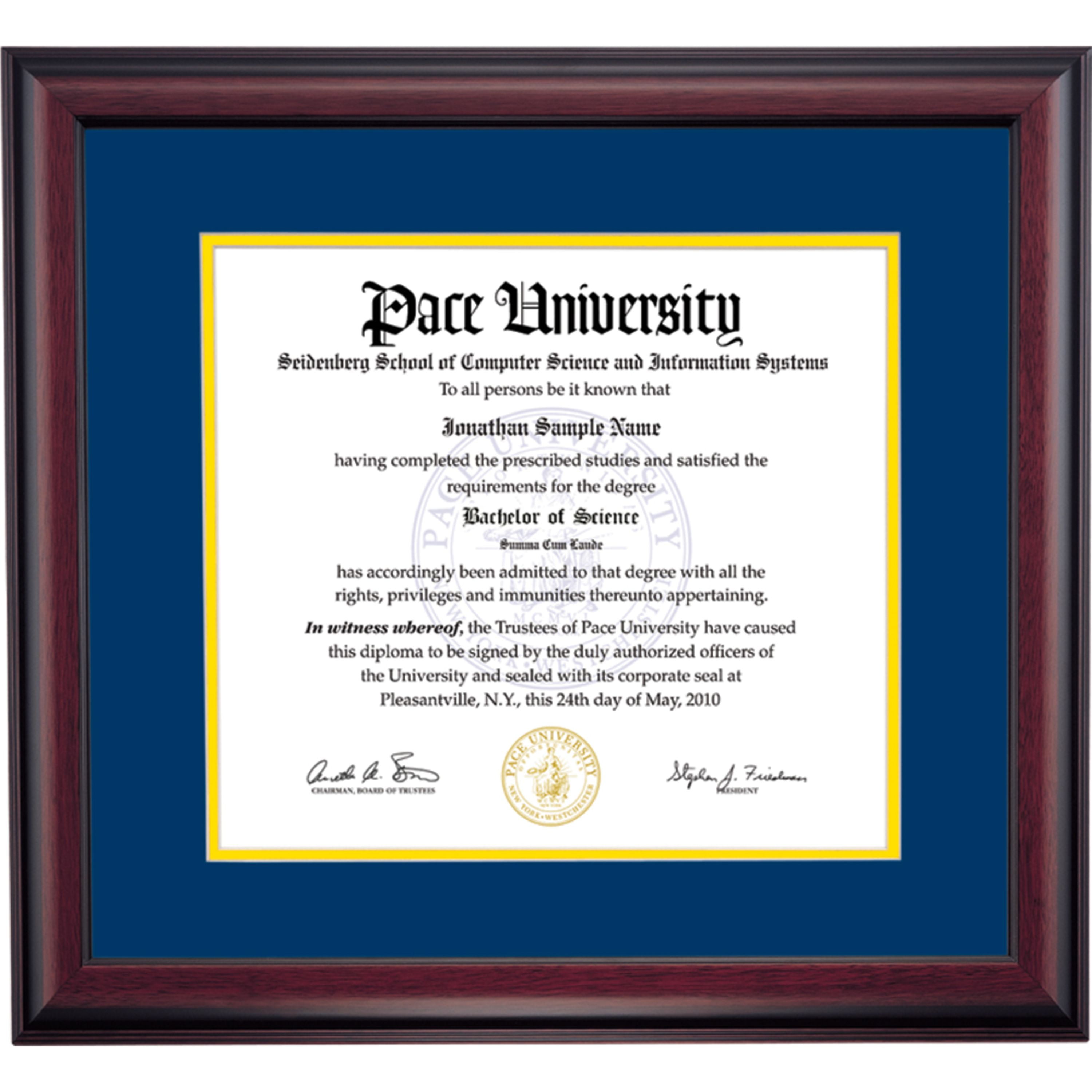 OCM Diploma Frame for Pace University, 19" x 21" Frame, Navy/Yellow Mat ...