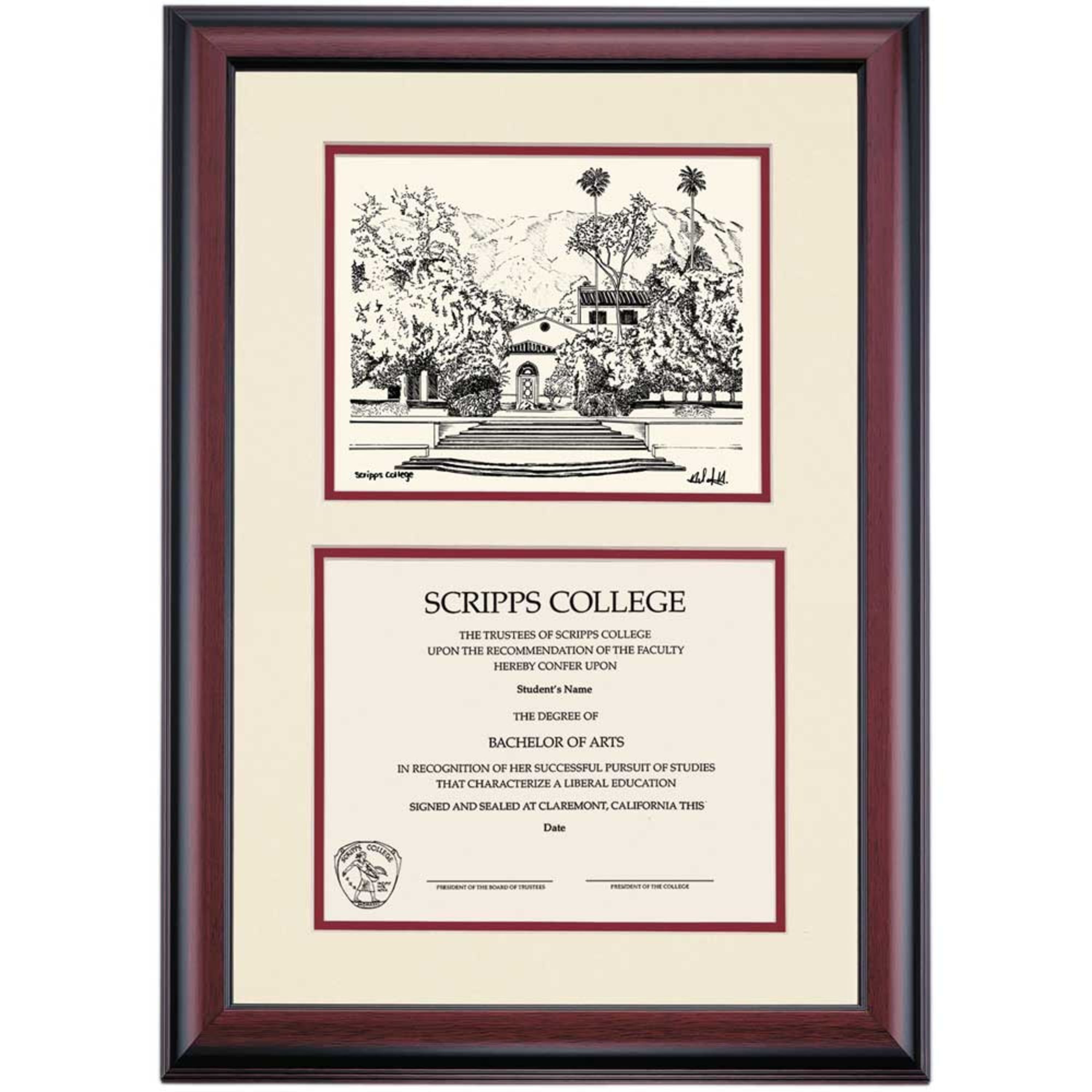 OCM Diploma Frame for Scripps College, Ivory/Maroon Mat with Toll Hall ...