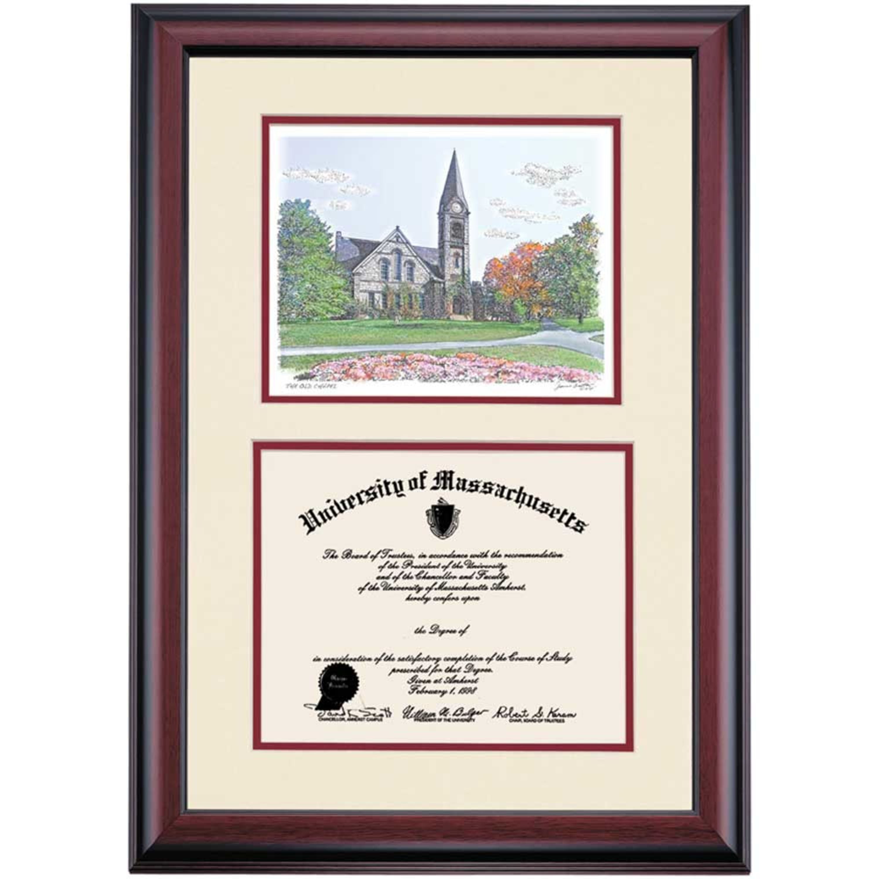 OCM Diploma Frame for UMass Amherst, Ivory/Maroon Mat with Old Chapel ...
