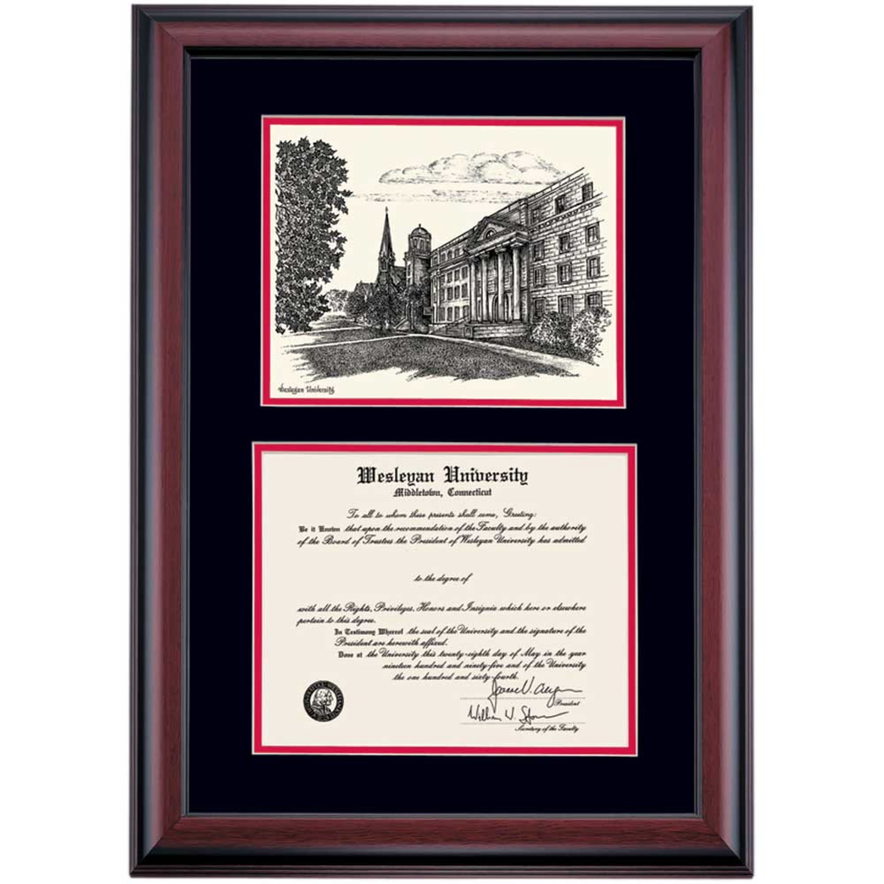 OCM Diploma Frame for Wesleyan University, Black/Cherry Mat with North ...