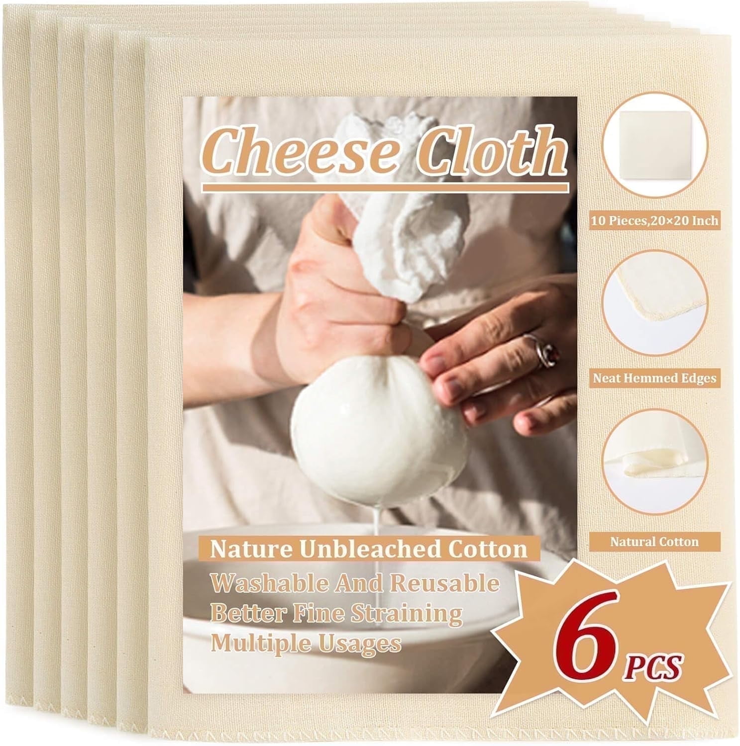 ODDPC 10-Pack Cheesecloth, 20x20 Inch Organic Hemmed Cheese Cloth for ...