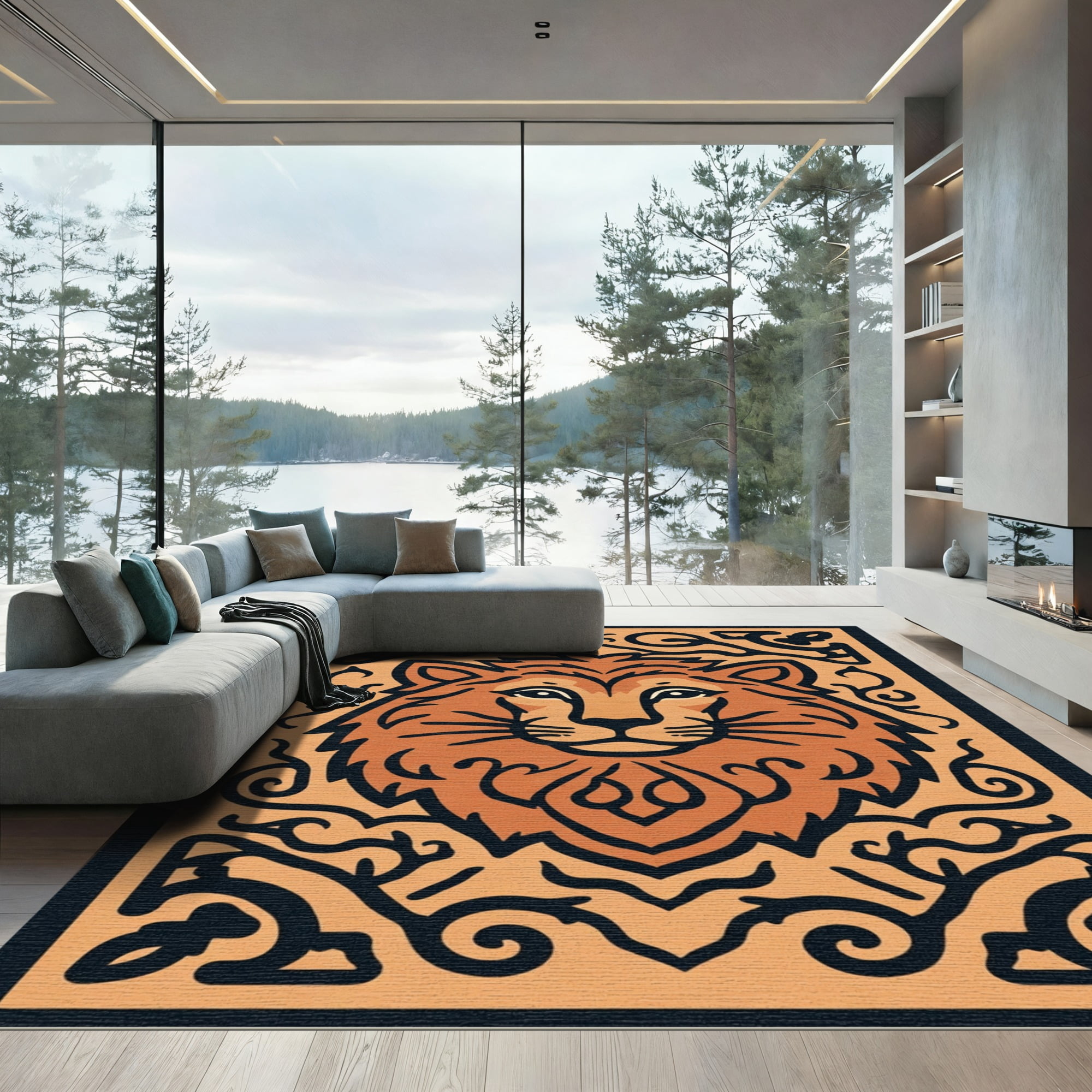 ODIKA 3x5 Machine Washable Non-Slip Area Rug, Intricate Lion Profile ...