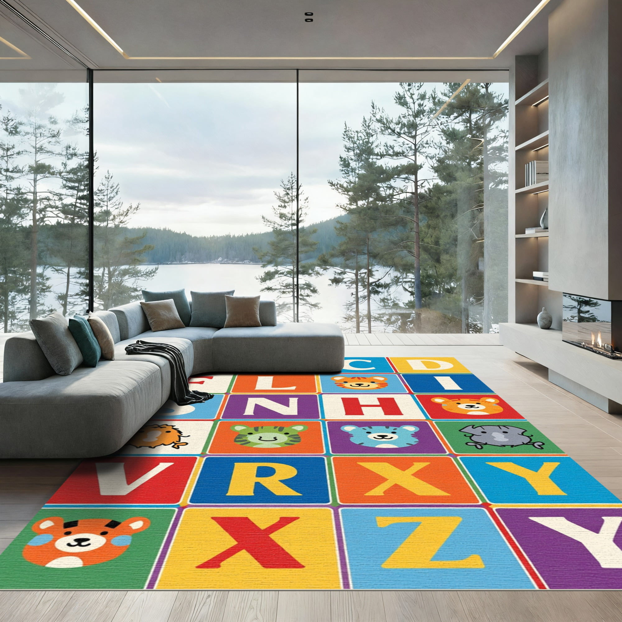 ODIKA 4x6 Machine Washable Non-Slip Area Rug, Alphabet Zoo Playful ...