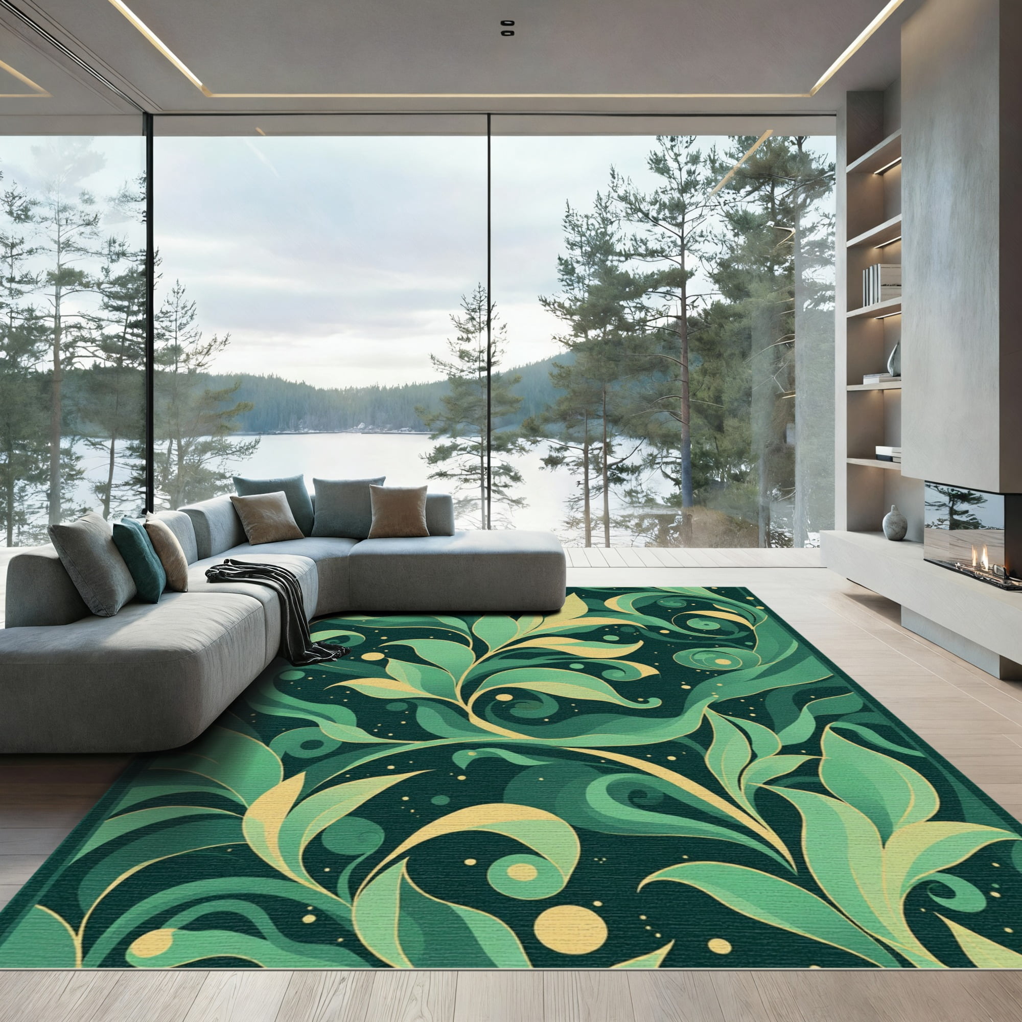 ODIKA 4'x6' Machine Washable Non-Slip Area Rug, Art Nouveau Dark Green ...