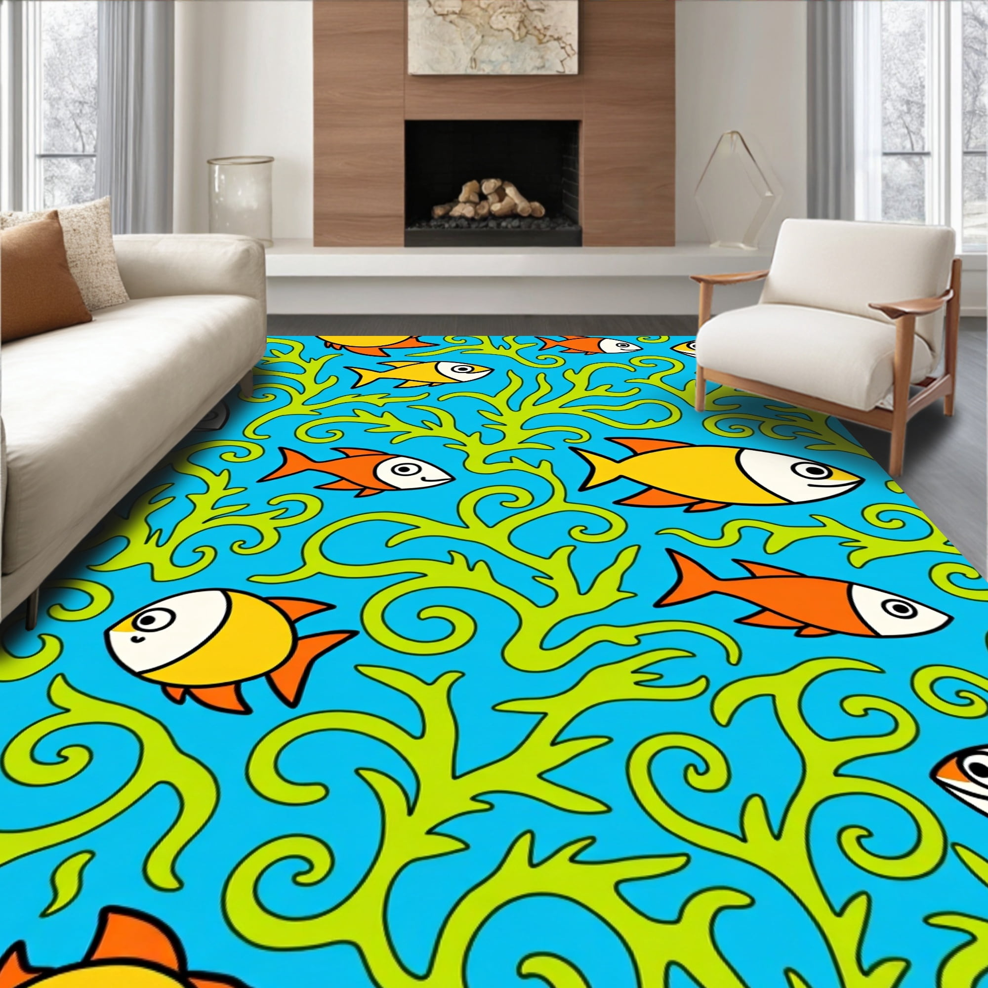 ODIKA 4'x6' Machine Washable Non-Slip Area Rug, Cute Fish Parade Design ...