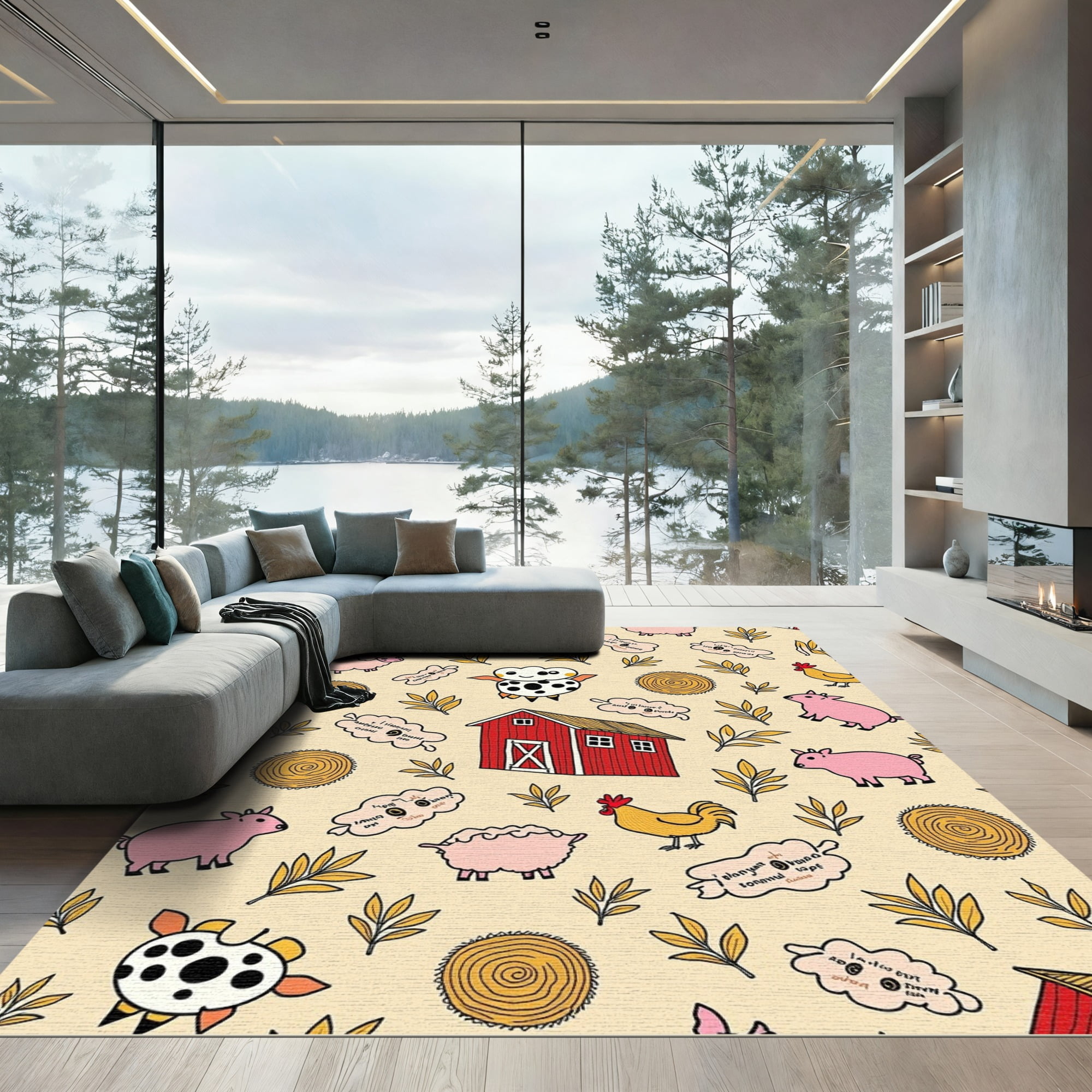 ODIKA 4'x6' Machine Washable Non-Slip Area Rug, Farmyard Barnyard Cow ...