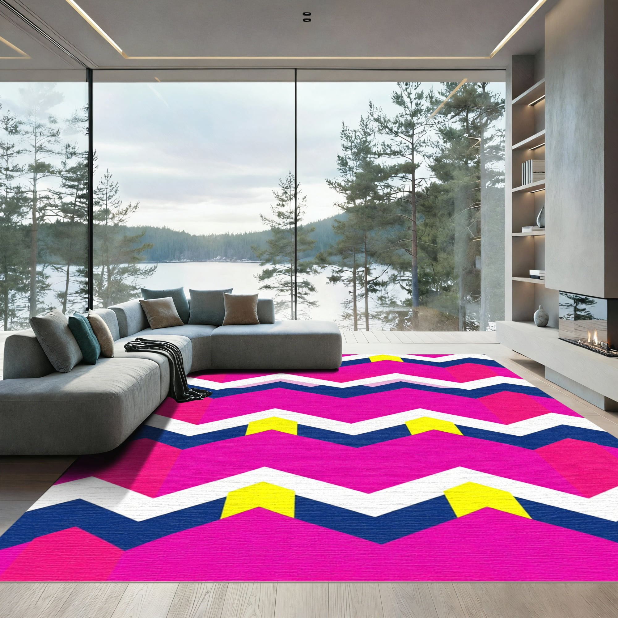 ODIKA 4'x6' Machine Washable Non-Slip Area Rug, Retro Wave Motif with ...
