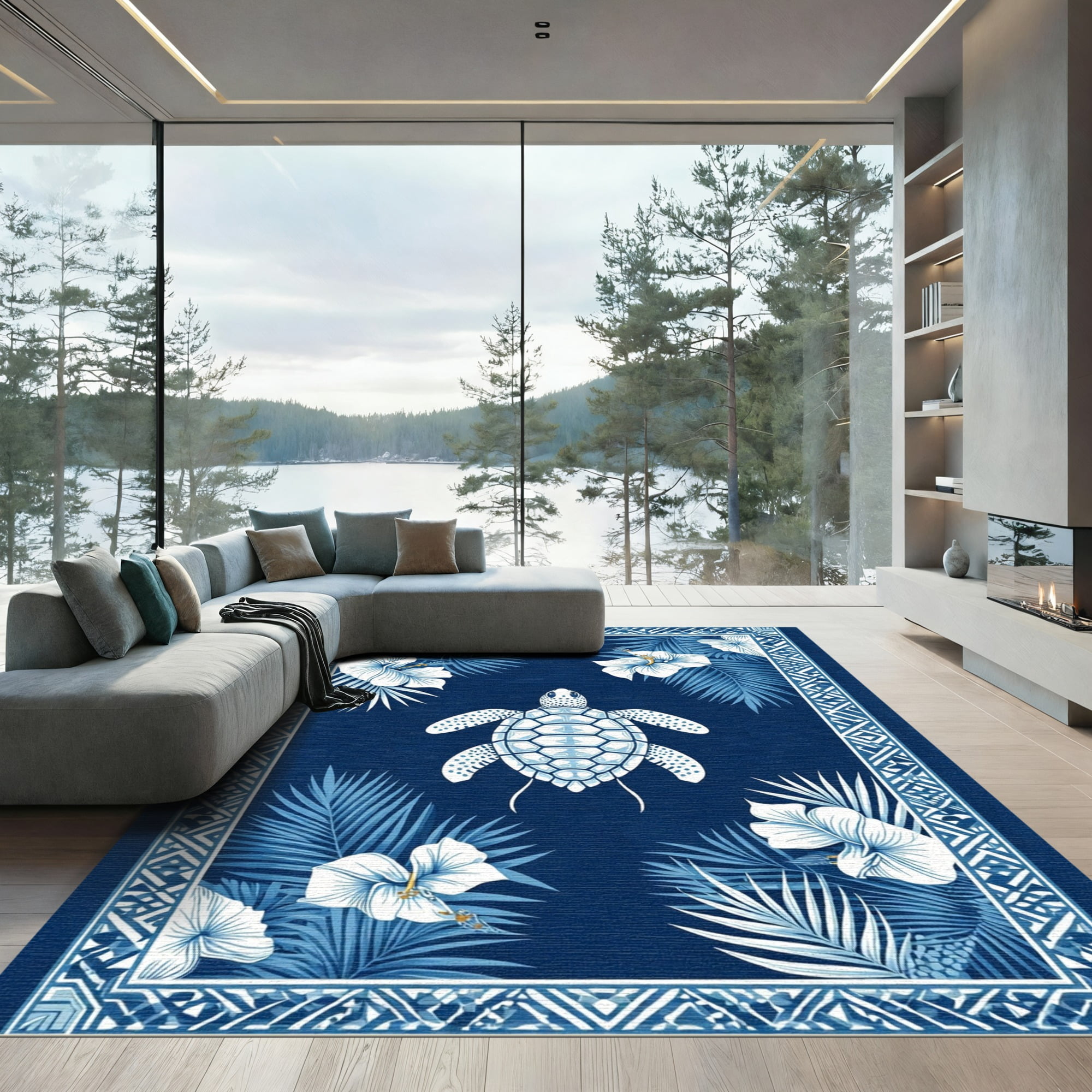 ODIKA 5'x7' Machine Washable Non-Slip Area Rug, Beachy Navy Blue High ...
