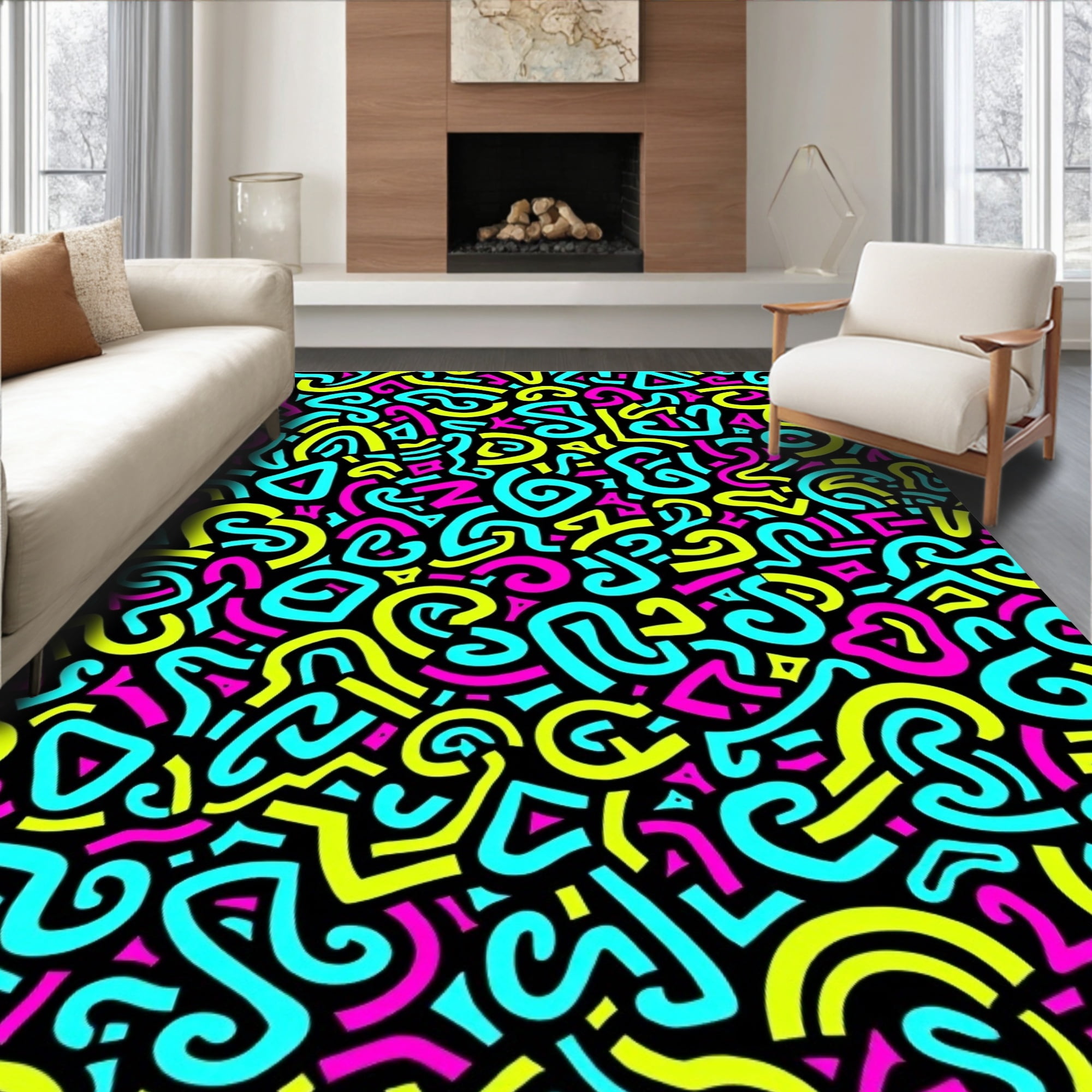 ODIKA 5x7 Machine Washable Non-Slip Area Rug, Nostalgic Eighties ...