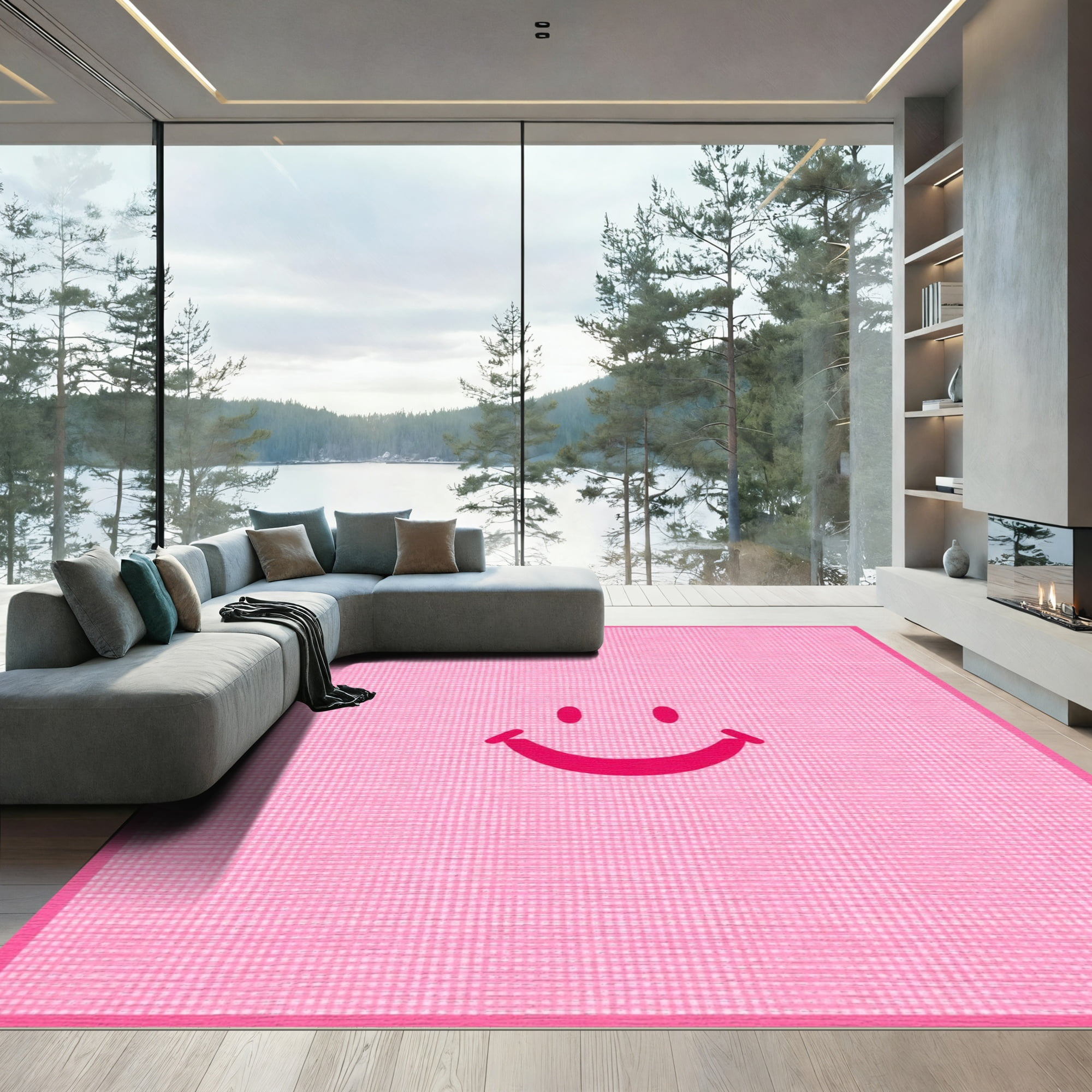 ODIKA 5'x7' Machine Washable Non-Slip Area Rug, Pink Smile Face ...