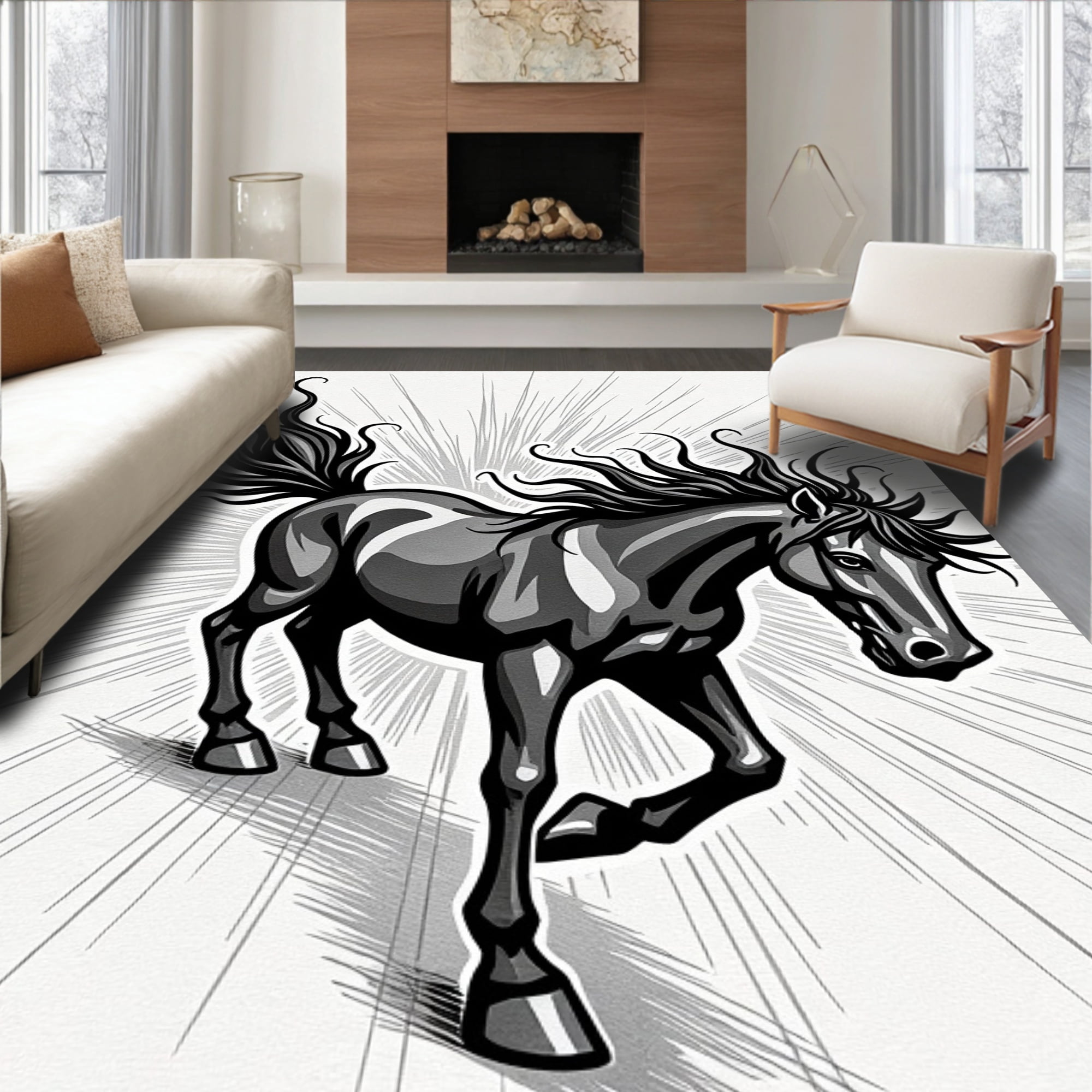 ODIKA 5'x7' Machine Washable Non-Slip Area Rug, Wild Mustang Needlework ...