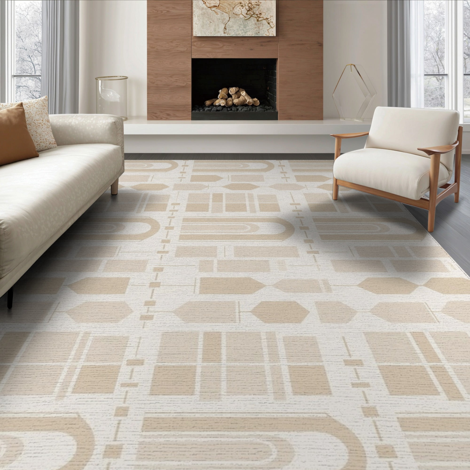 ODIKA 8'x10' Beige Natural Sand Geometric Modern Washable Area Rug ...