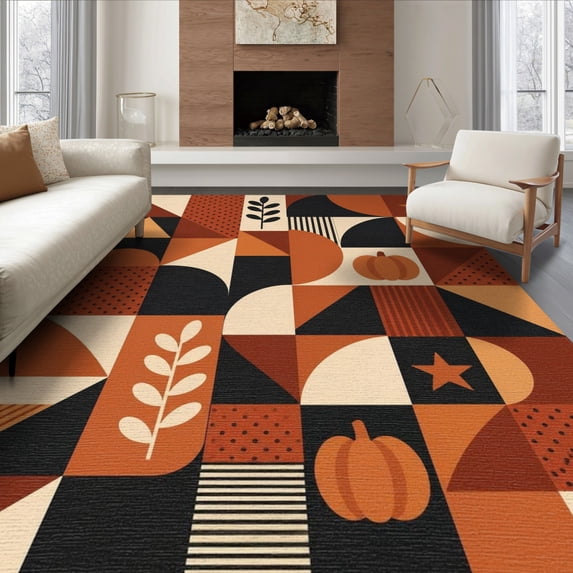 ODIKA 8'x10' Washable Area Rug Non-Slip Chair-Friendly Mat Black Orange ...