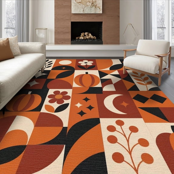 ODIKA 8'x10' Washable Area Rug Non-Slip Chair-Friendly Mat Orange Black ...