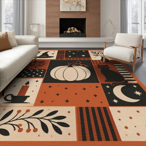 ODIKA 8'x10' Washable Area Rug Non-Slip Chair-Friendly Mat Orange Black ...