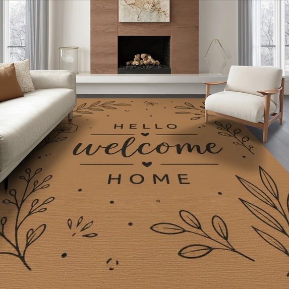 ODIKA 8'x10' Washable Area Rug Warm Brown Botanical Motif Welcome ...