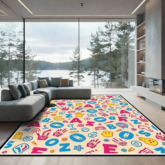 ODIKA 8'x10' Machine Washable Non-Slip Area Rug, Alphabet Adventure ...
