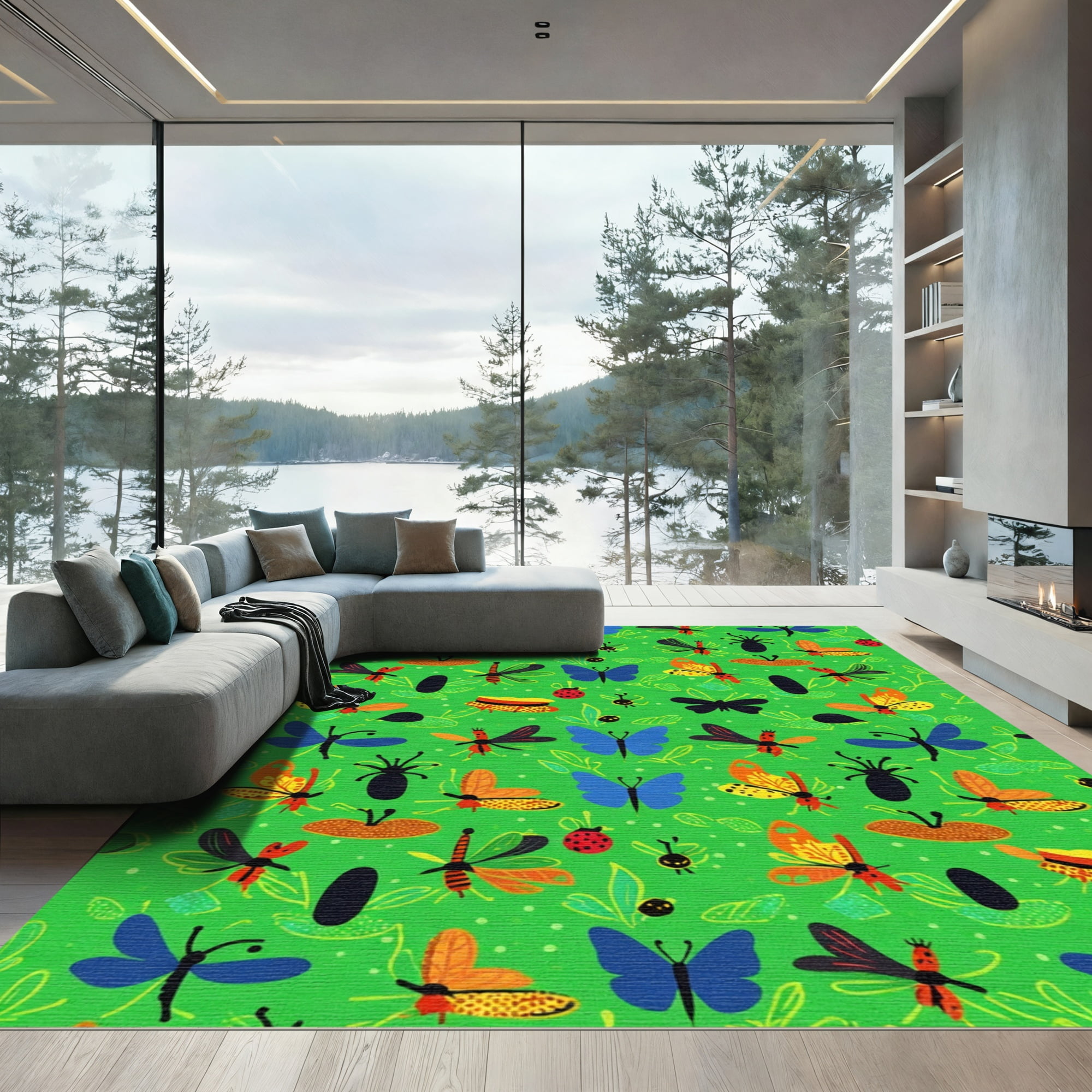 ODIKA 8'x10' Machine Washable Non-Slip Area Rug, Whimsical Jungle Bugs ...