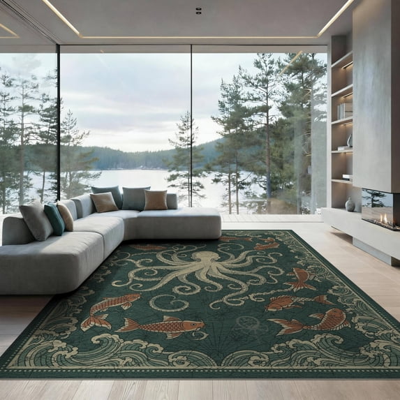 ODIKA 9'x12' Washable Area Rug Octopus Nautical Koi Creature Fish ...