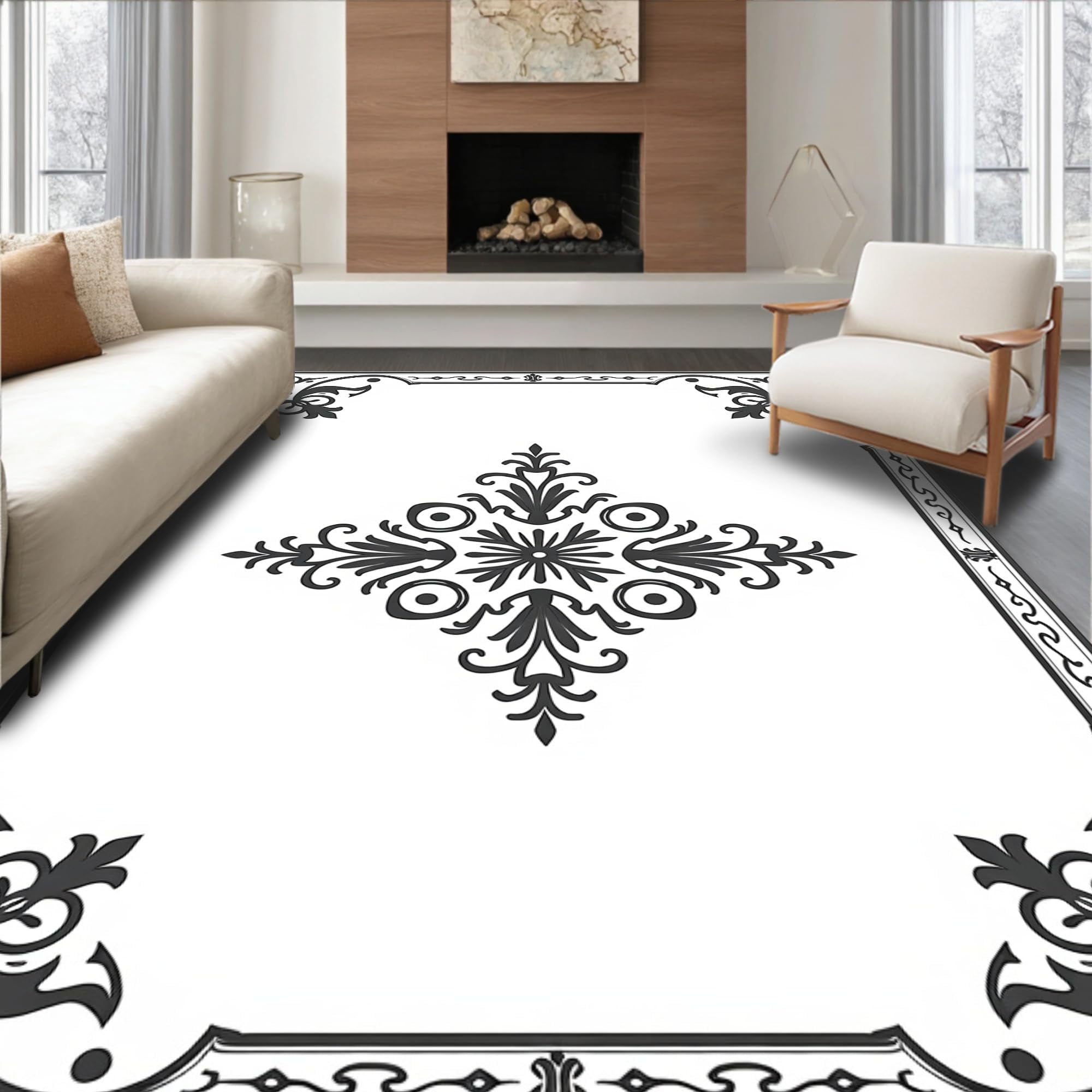 Ultra Soft Area Rug, Vintage Damask Scrollwork with Baroque Flourish ...