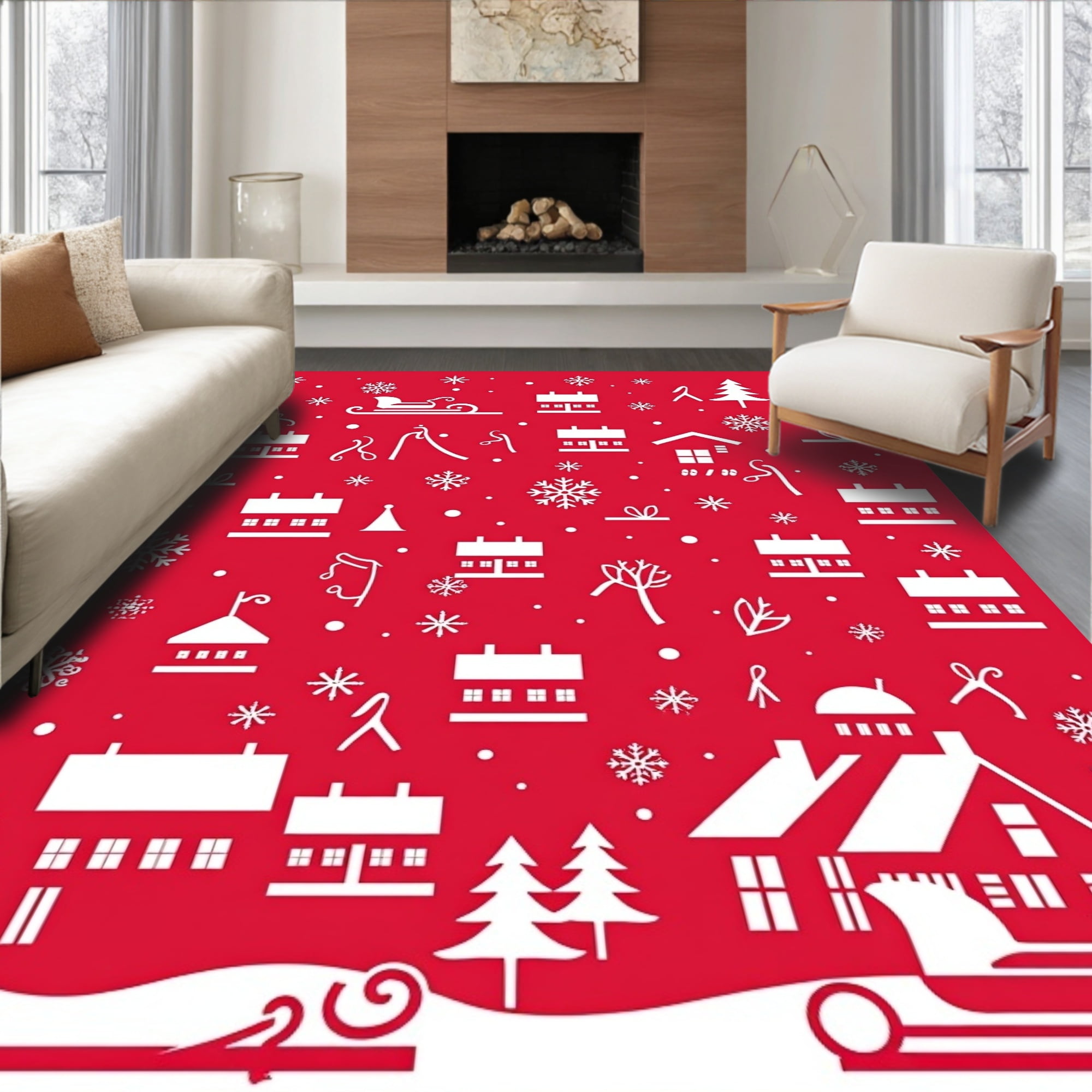 Ultra Soft Area Rug, Festive Winter Village Snowflakes Sleigh Skier ...